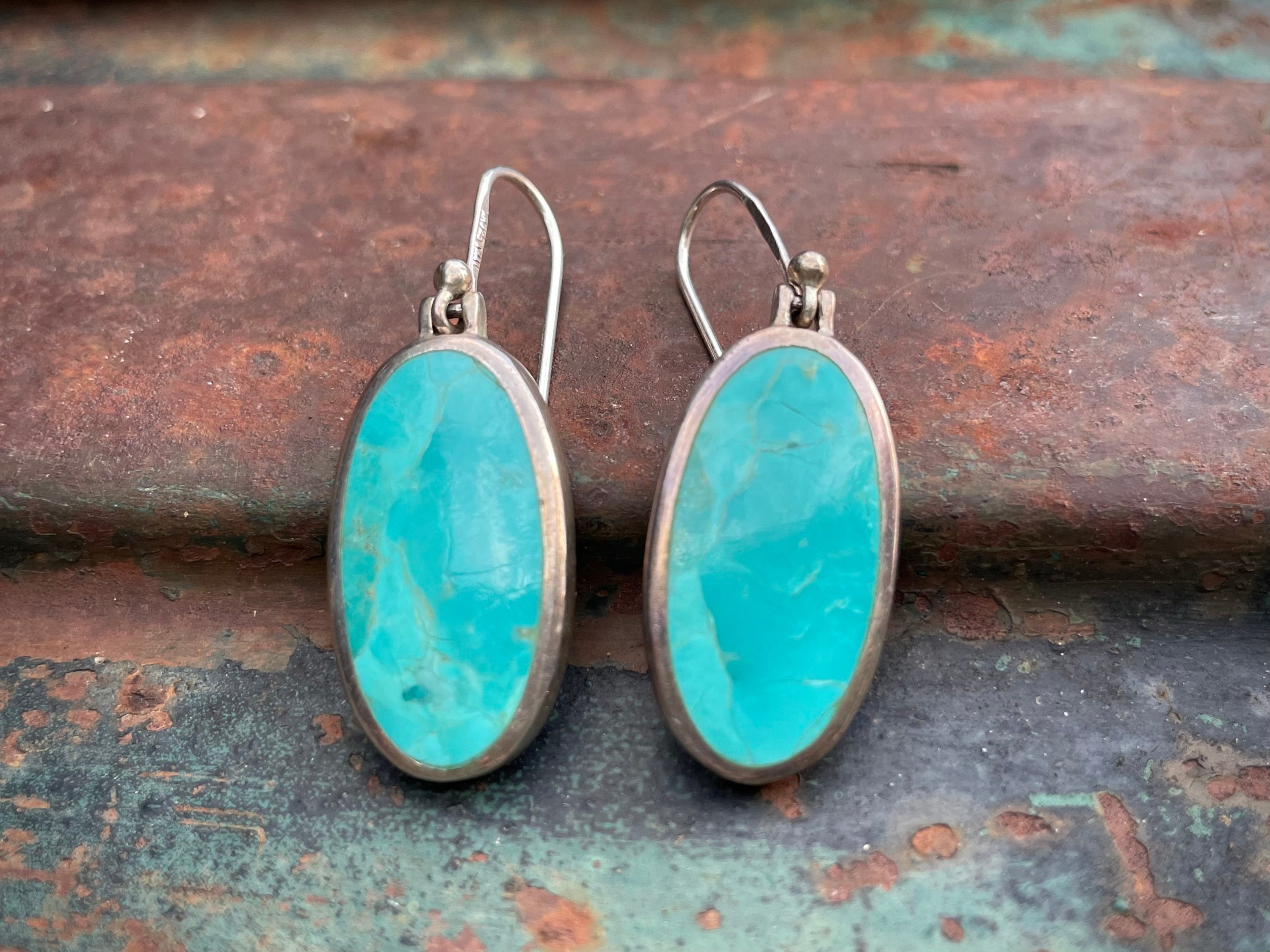 Small Oval Sterling Silver Turquoise Earrings, Minimalist Dangles, Vintage Southwestern Style