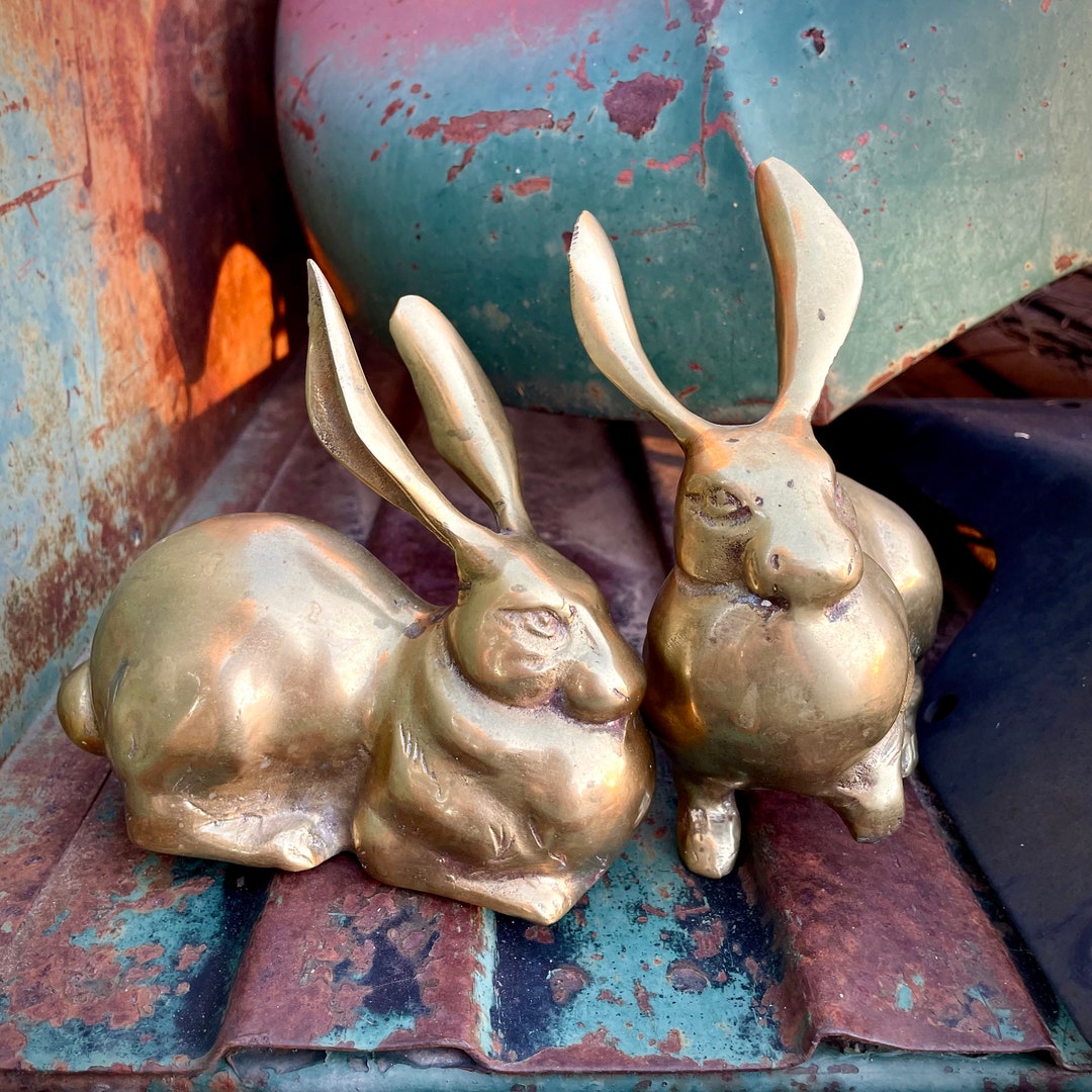 Pair of Vintage Solid Brass Rabbit Figurines, Easter Table Centerpiece ...