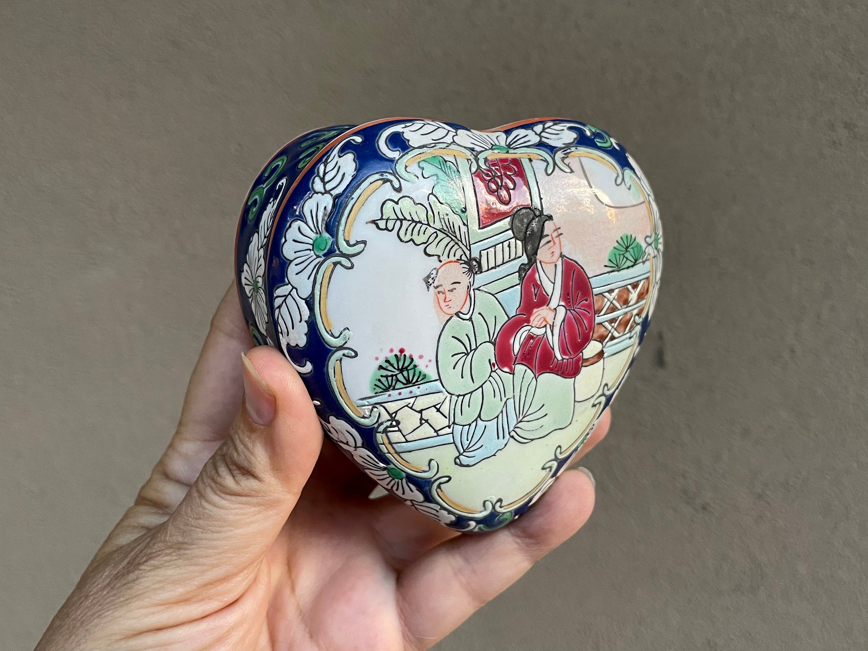 Heart Shaped Trinket Box Hand-Painted Enameled Porcelain Macau, Small ...