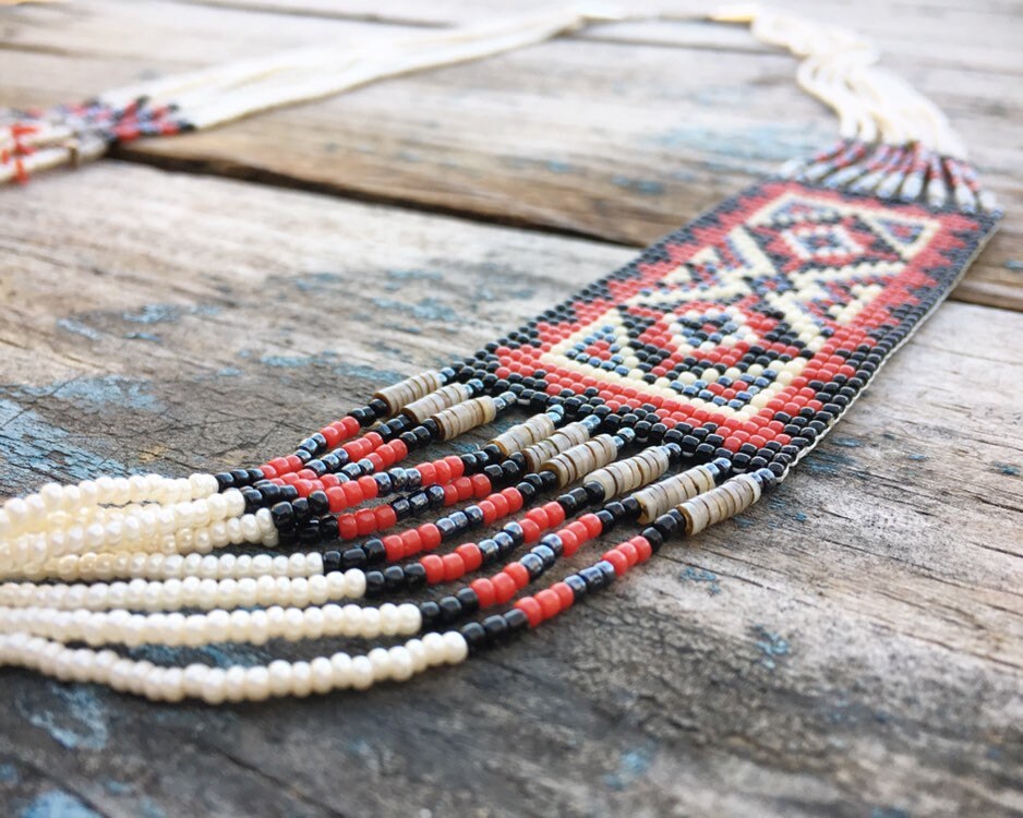 Vintage Seed Bead Necklace for Women, Red Black White Navajo Rug ...