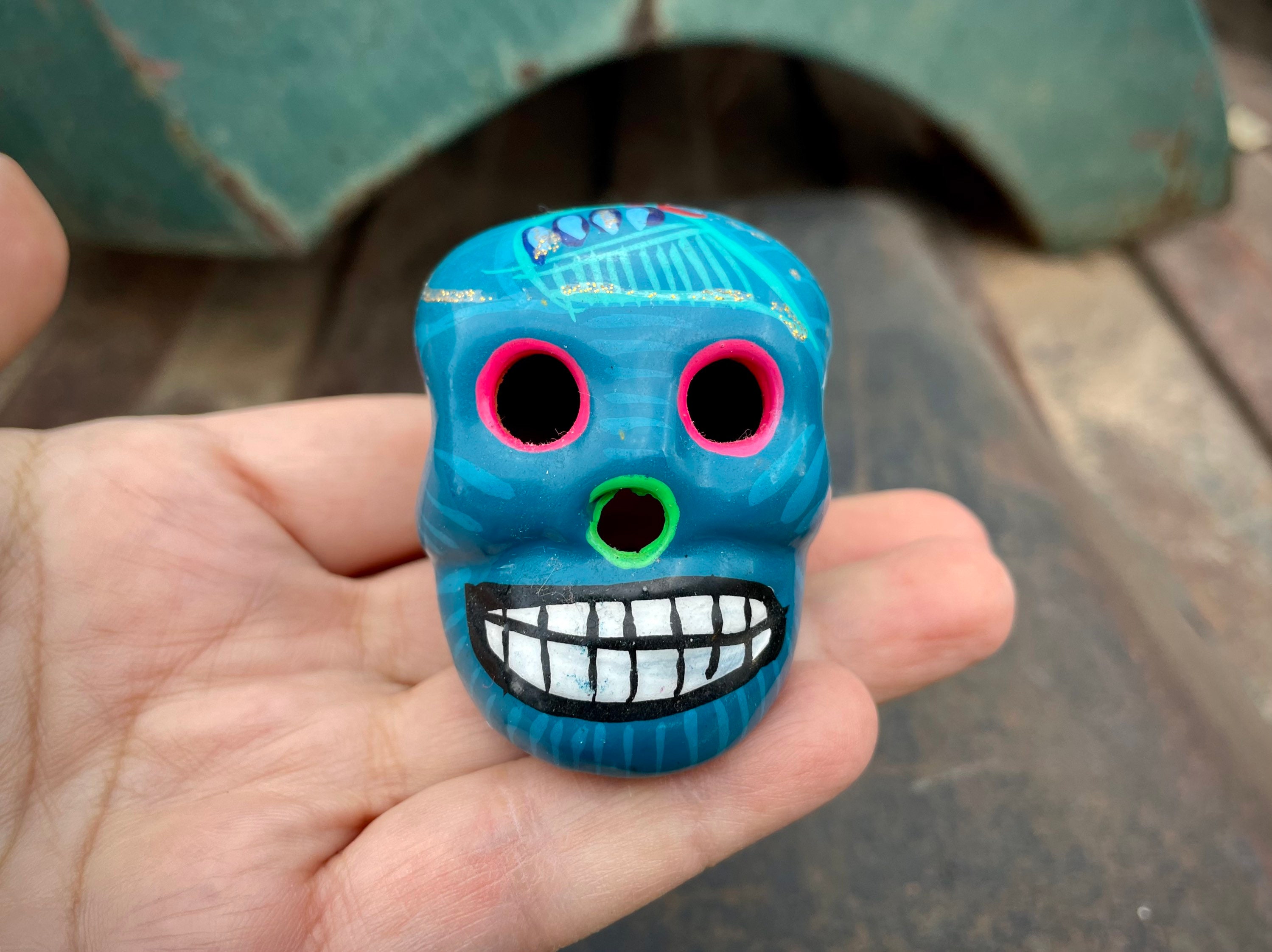 Very Small Colorful Ceramic Skull Day of the Dead Figurine, Cool Desk ...