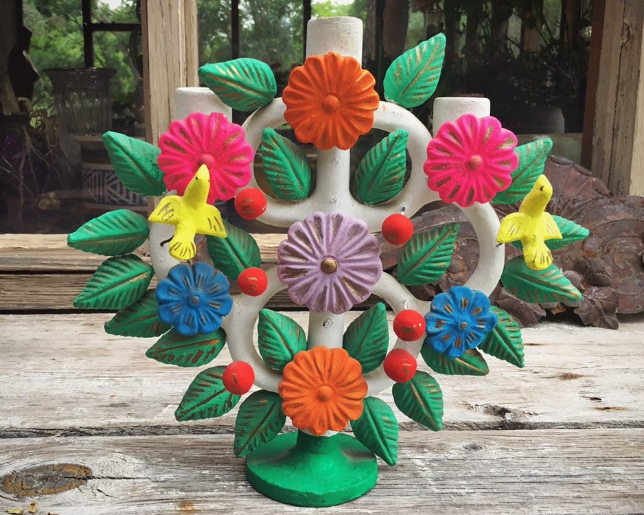 Vintage Mexico Tree of Life Pottery 12 Candle Holder Colorful Flowers ...