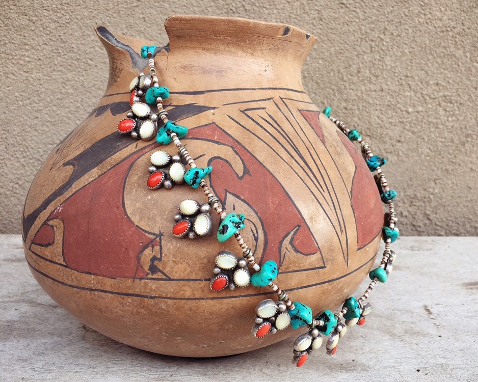 Vintage Long Native American Indian Necklace with Mother of Pearl Coral ...