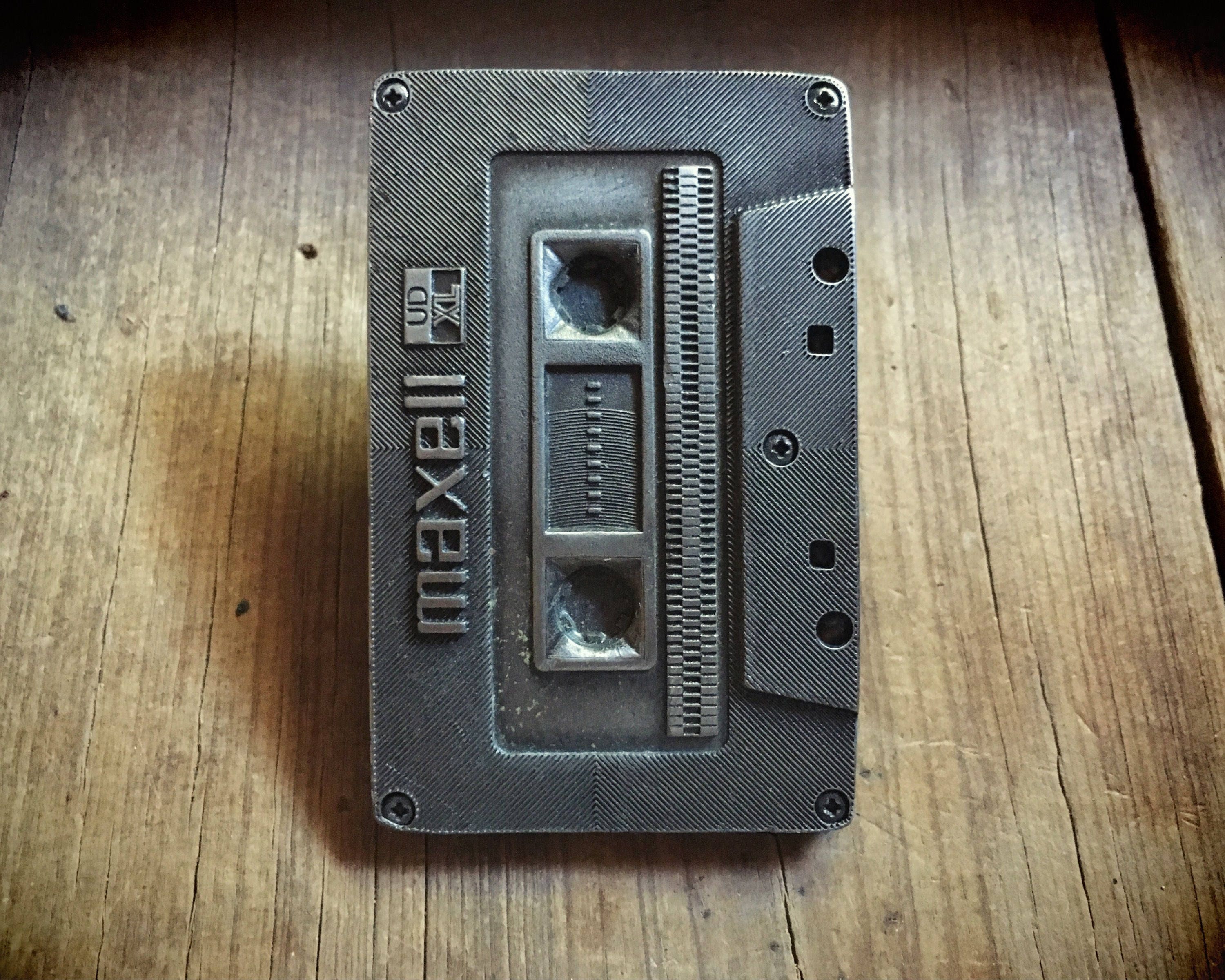 Vintage Maxell cassette tape belt buckle in silver tone metal, 1970s cassette music belt buckle ...
