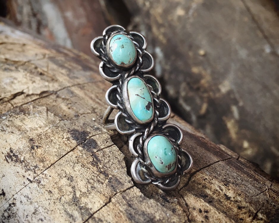Old Pawn Long Turquoise Ring for Women Size 5 Navajo Native American ...