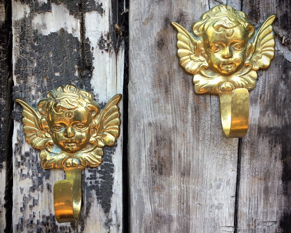 Pair of Vintage Brass Angel Hooks Wall Mount, His and Her Robe Towel ...