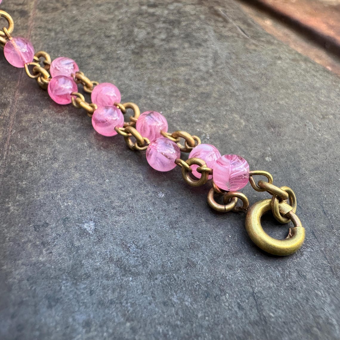 Art Nouveau Deco Brass With Pink Slag Glass Necklace Approx 18", Neiger ...