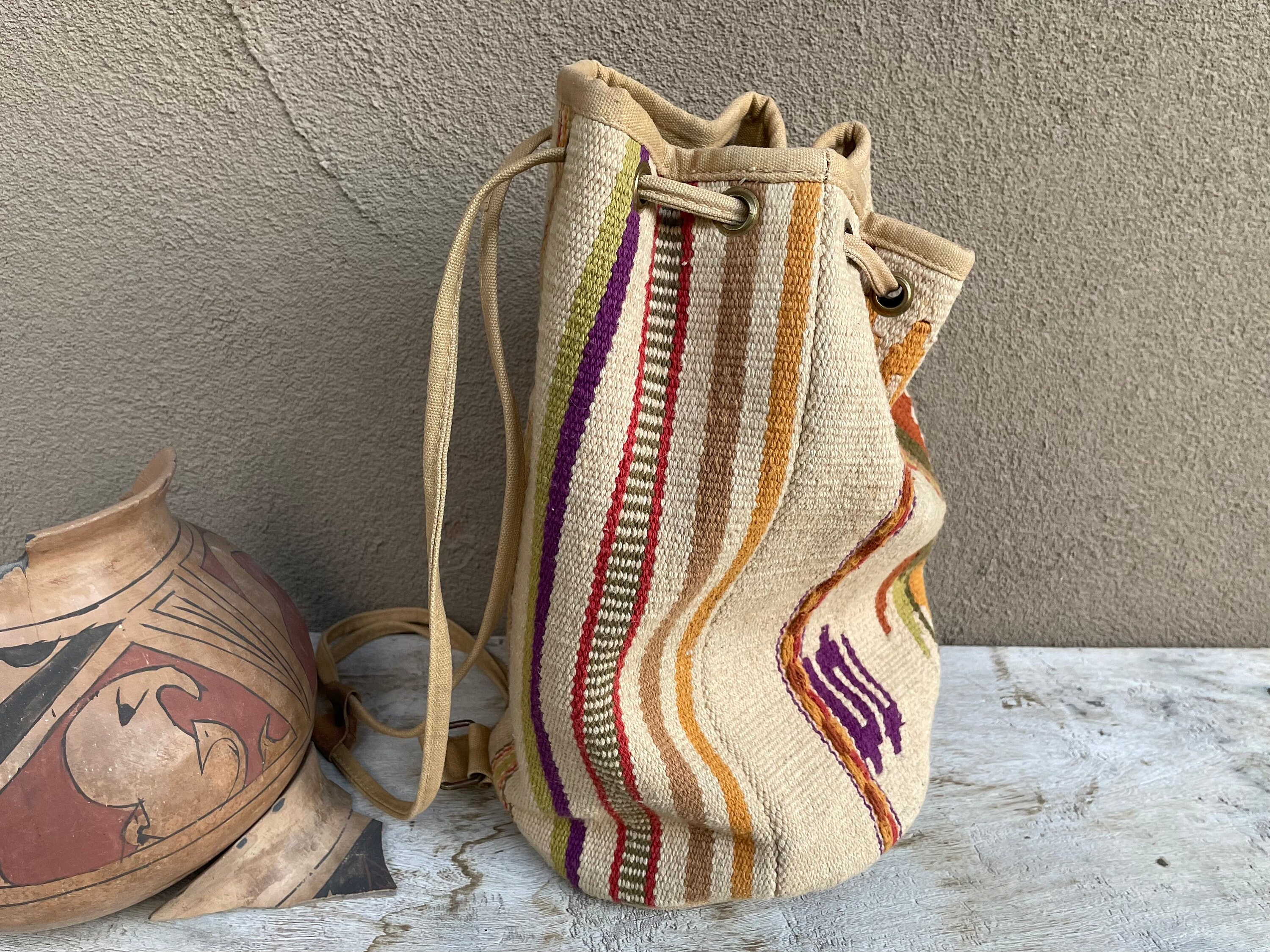 Vintage Woven Fabric Bucket Bag Ruck Sack Beige with Southwestern ...