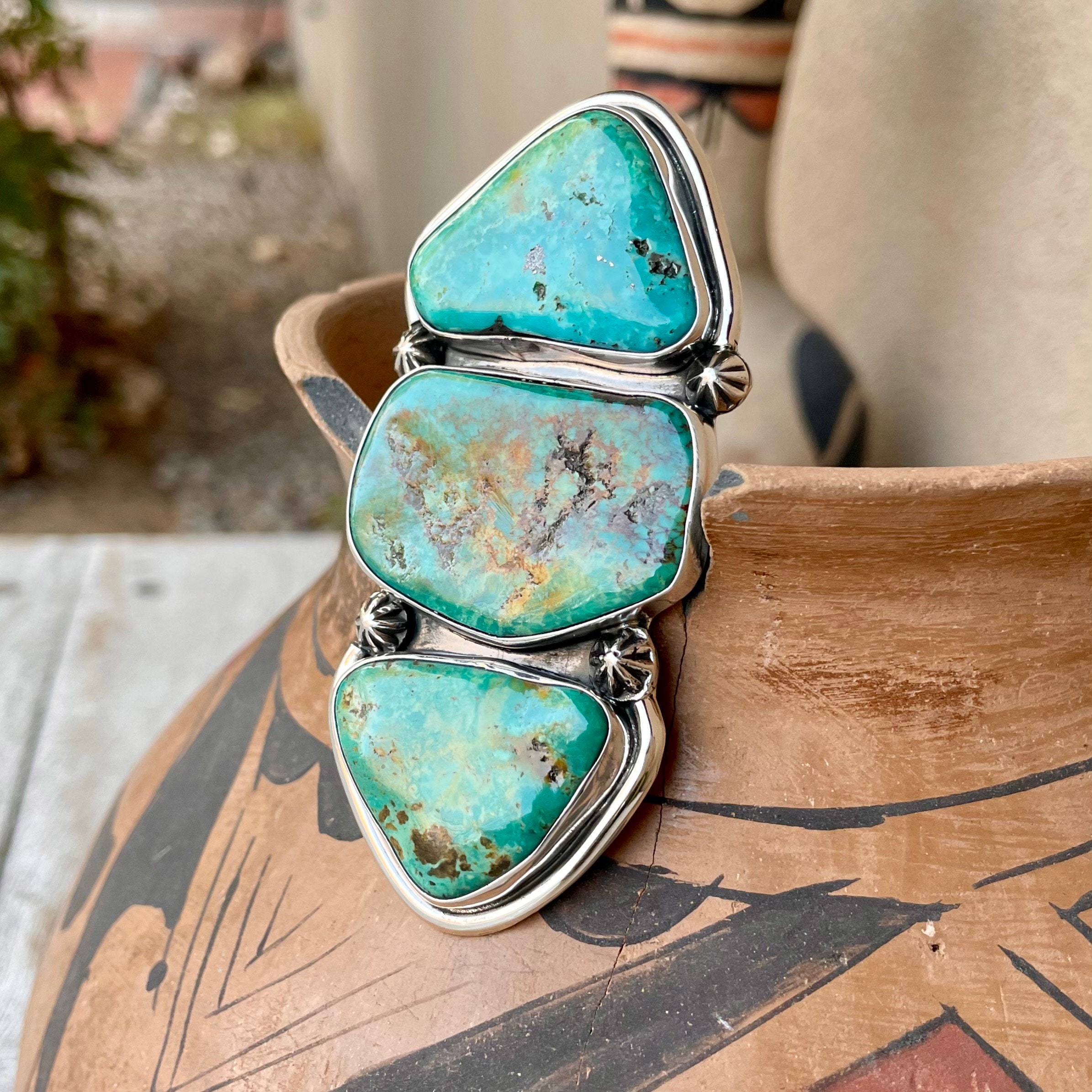 Huge 56g Three Stone Turquoise Ring Approx Size 9 (Adj) by Navajo Mary ...