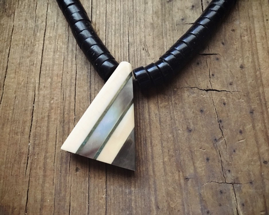 1970s Channel Inlay Bone and Abalone Pendant and Dark Shell Heishi ...