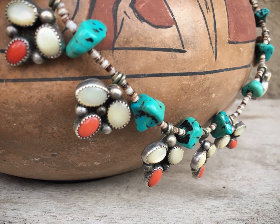 Vintage Long Native American Indian Necklace with Mother of Pearl Coral ...