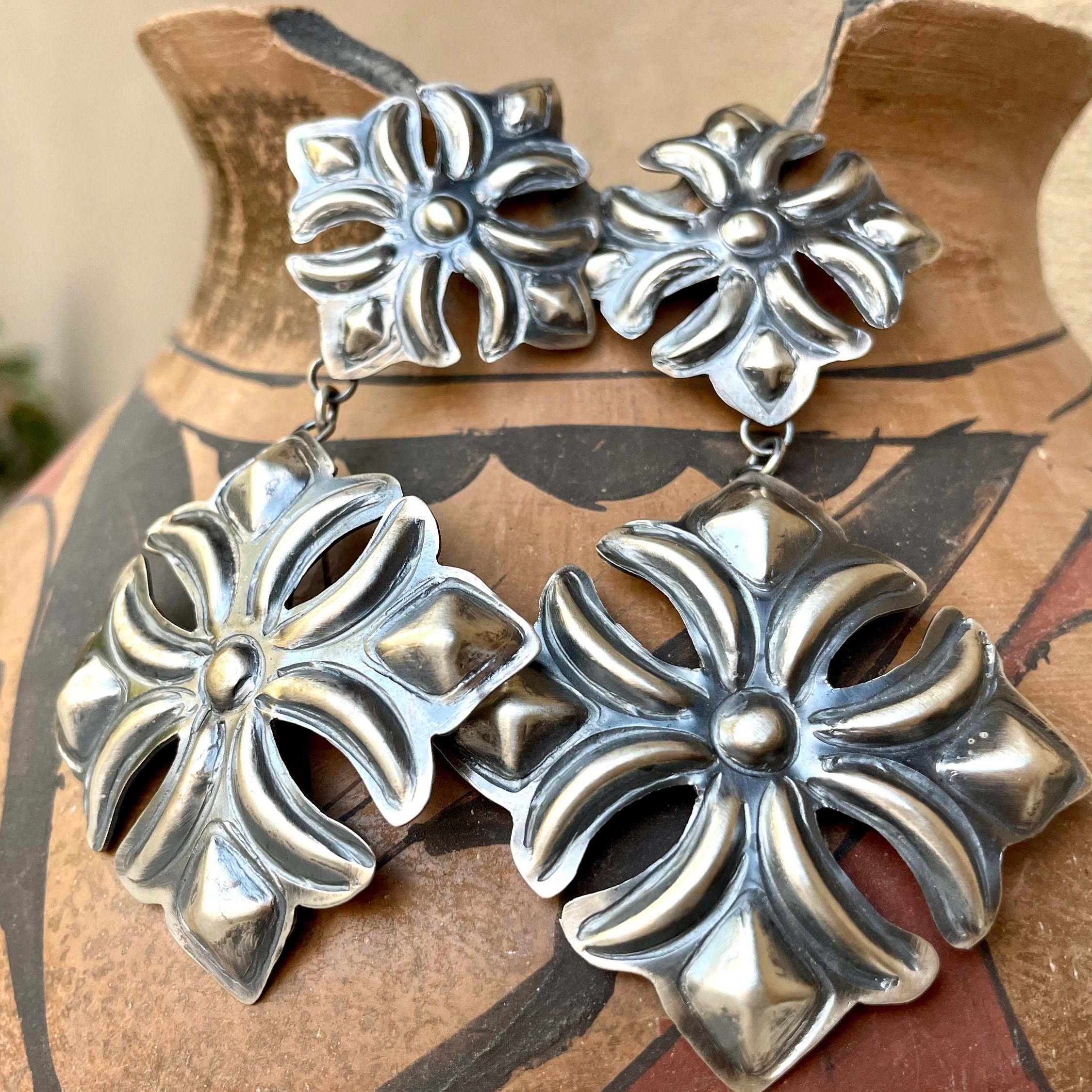 Navajo Tim Yazzie Sterling Silver 3.5 Earrings in Fleur de Lis Cross ...