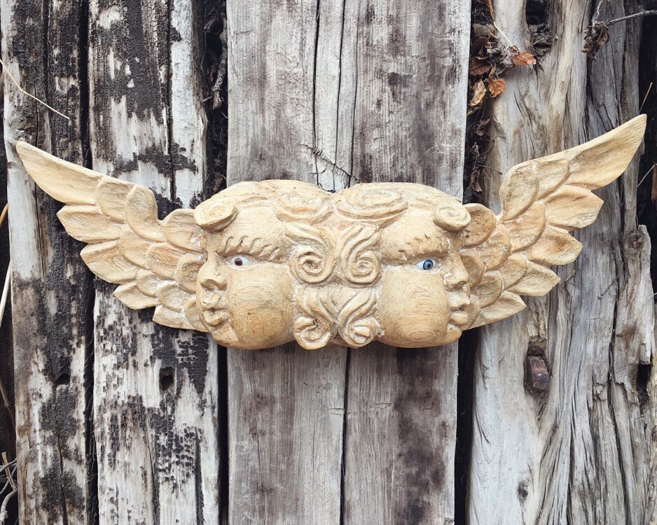 RESERVED FOR LUXE / Vintage Carved Wood Mask Two Angel Baby Cachetones ...