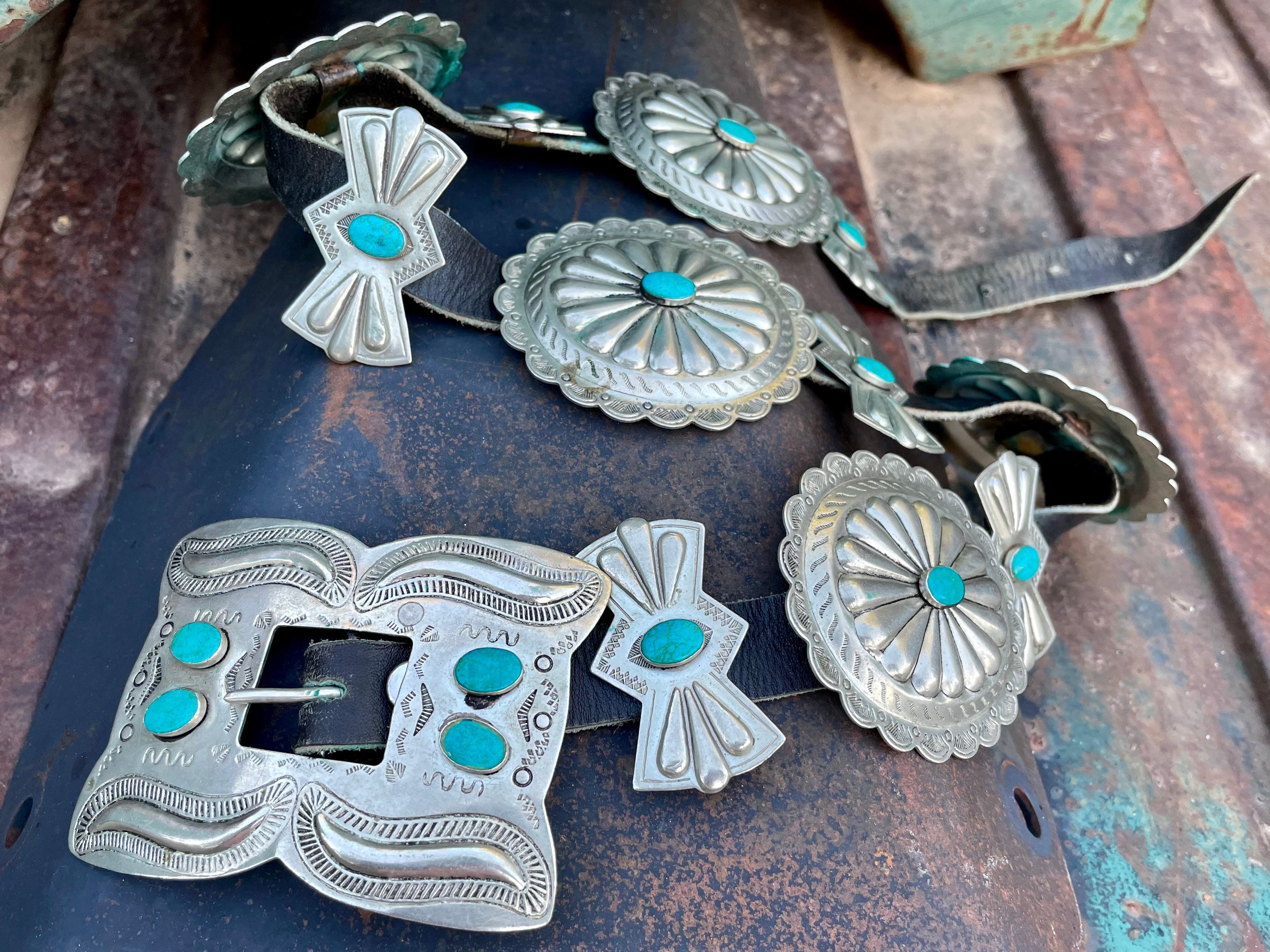 273gm Small Size Navajo Concho Belt German Silver Turquoise, Native ...