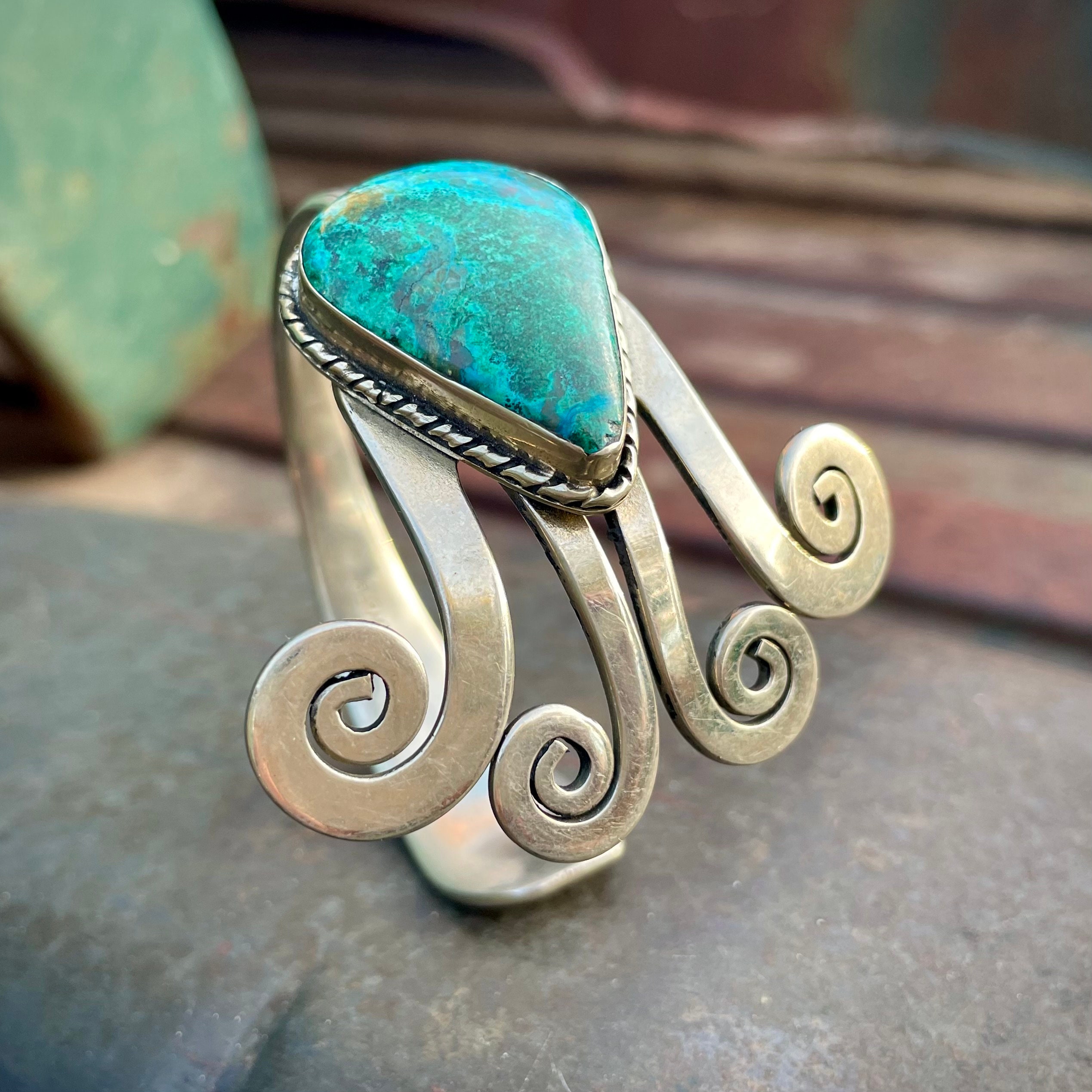 Vintage Upcycled Silverplate Fork Bangle Bracelet w/ Chrysocolla, Funky ...