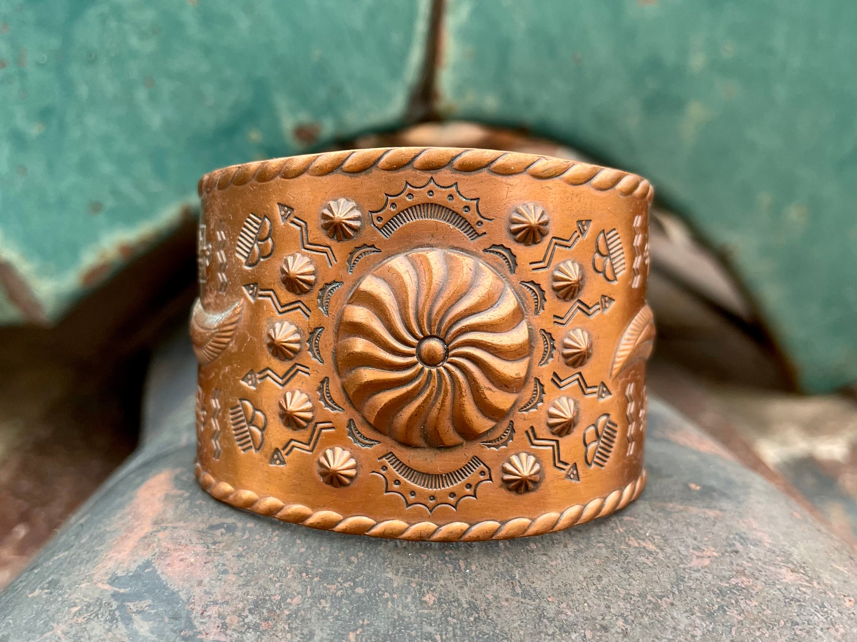 Vintage Bell Trading Stamped Copper Bracelet w/ Fred Harvey Era Symbols ...