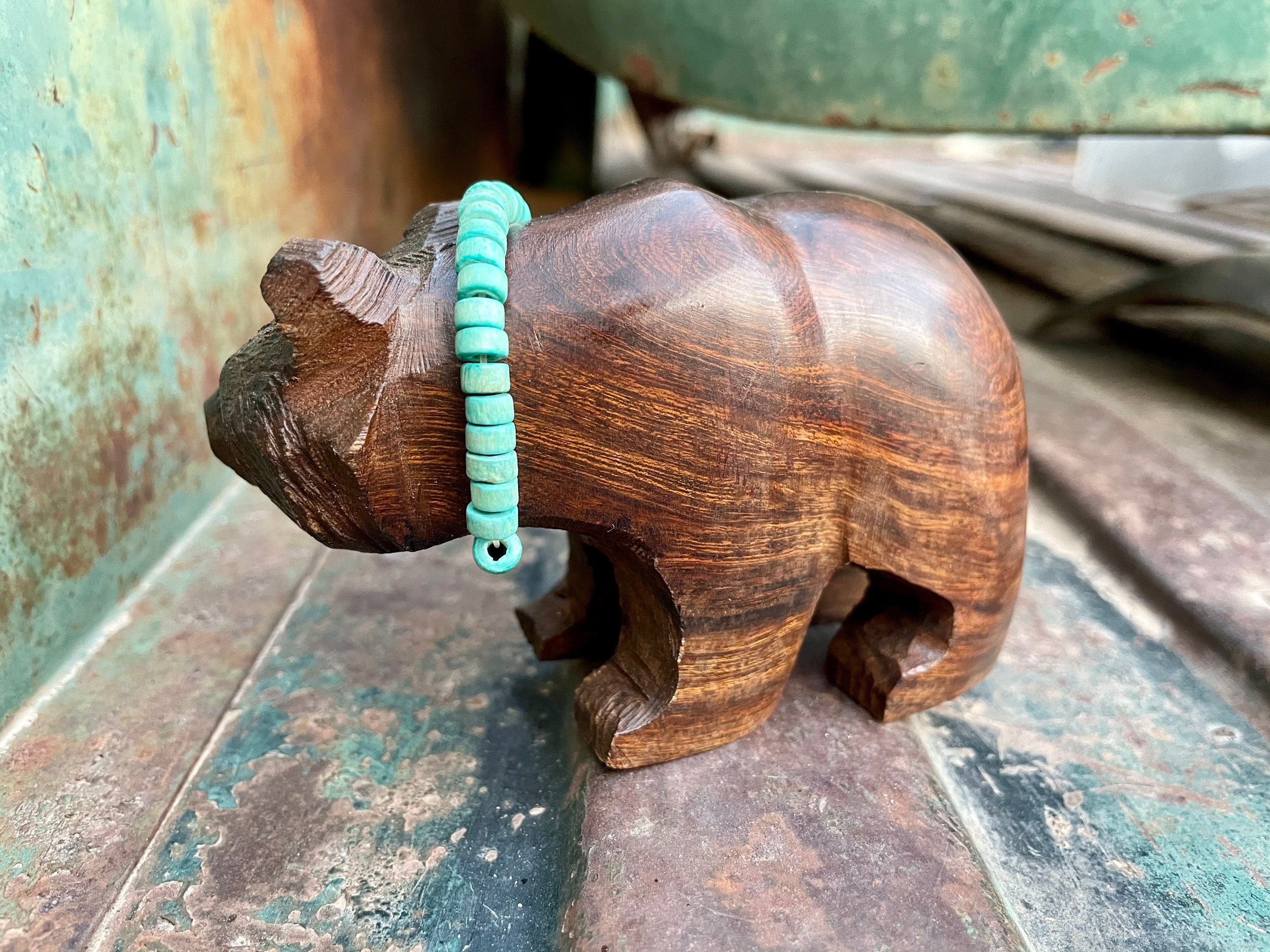 Vintage Hand Carved Ironwood Bear Figurine with Turquoise, Wood Carving ...