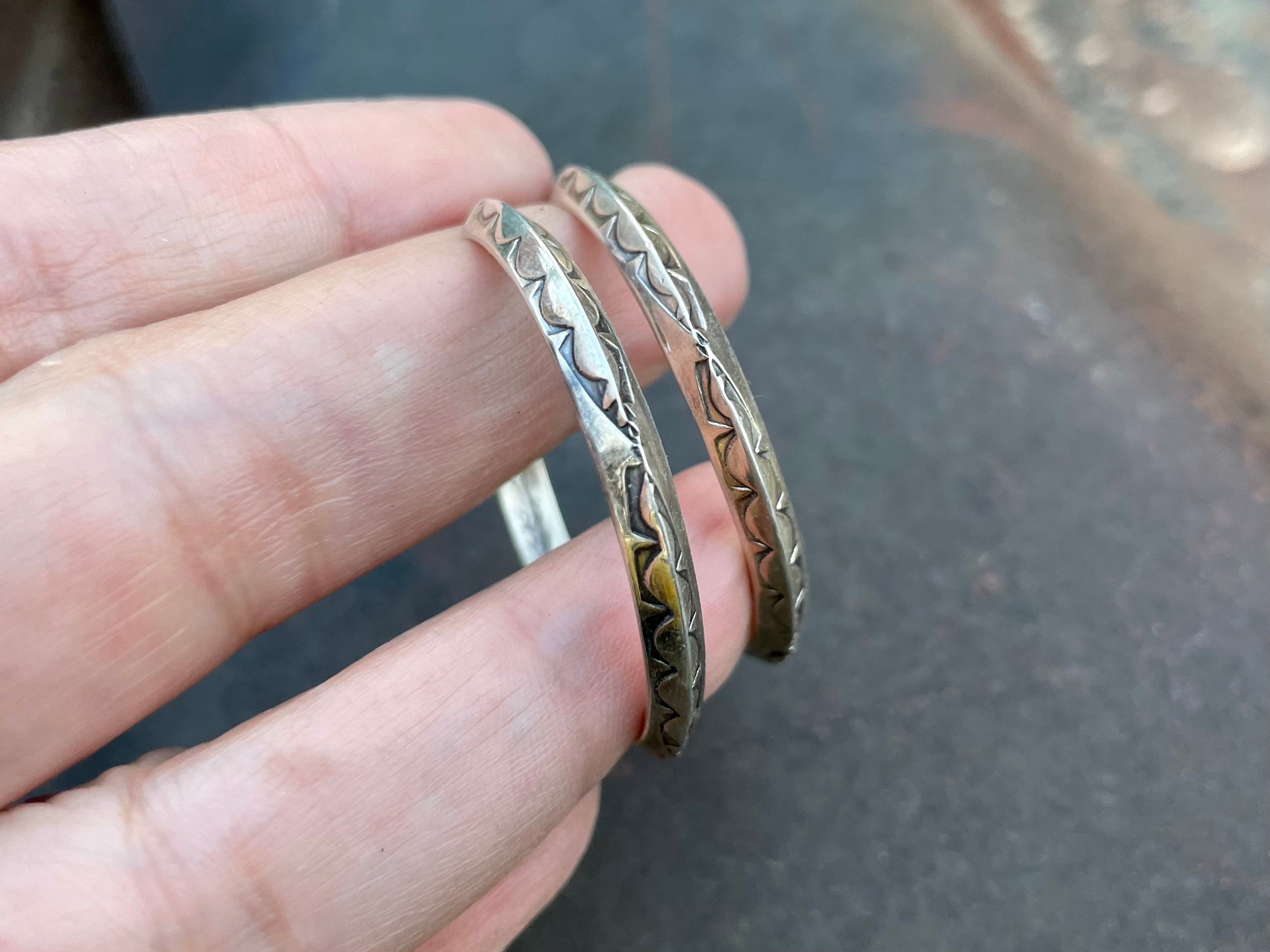 Stamped Sterling Silver Hoop Earrings by Navajo Ben Tahe, Medium Size ...