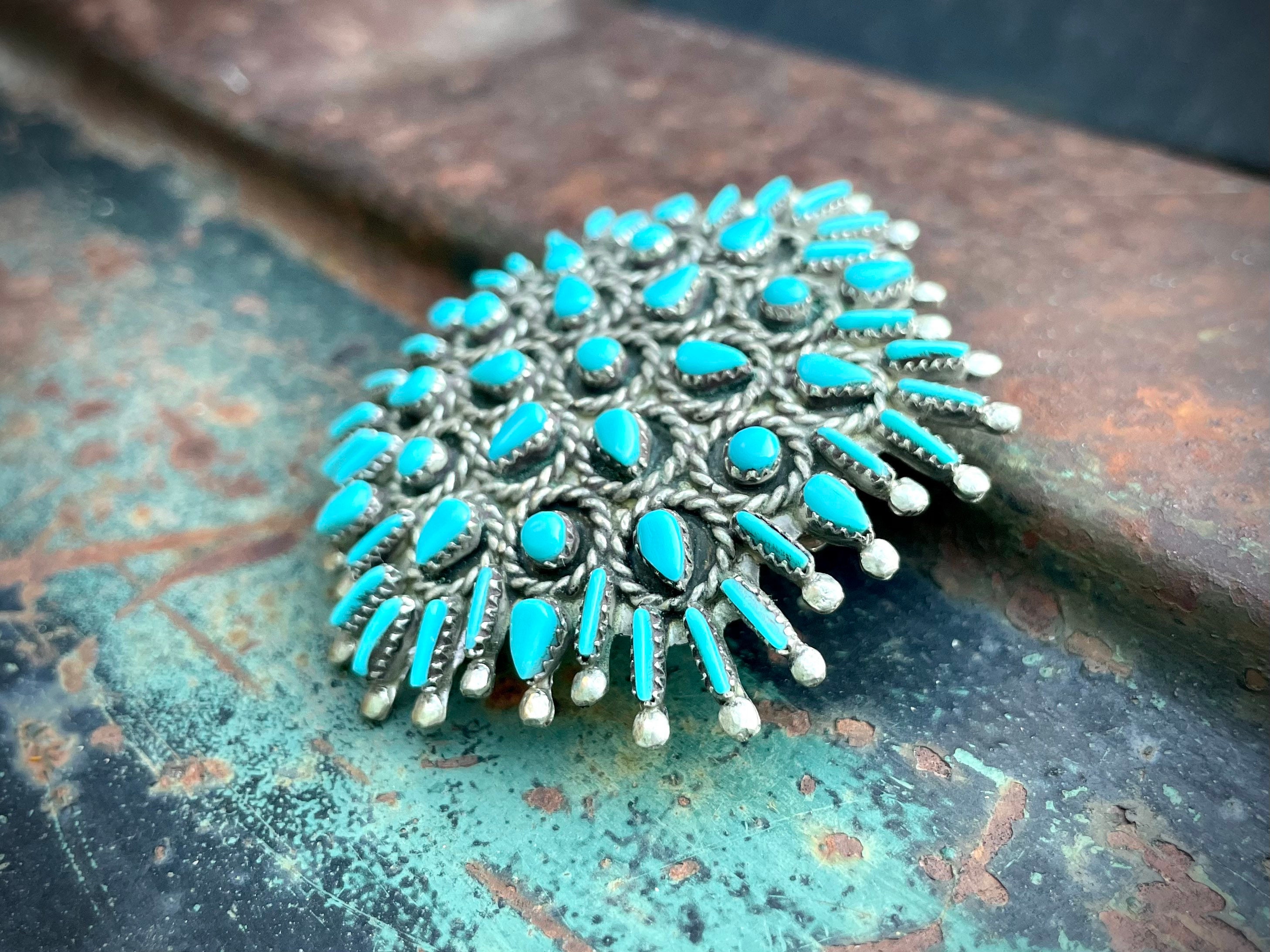 Vintage Turquoise Cluster Pendant Brooch Pin Petit Point Needlepoint ...