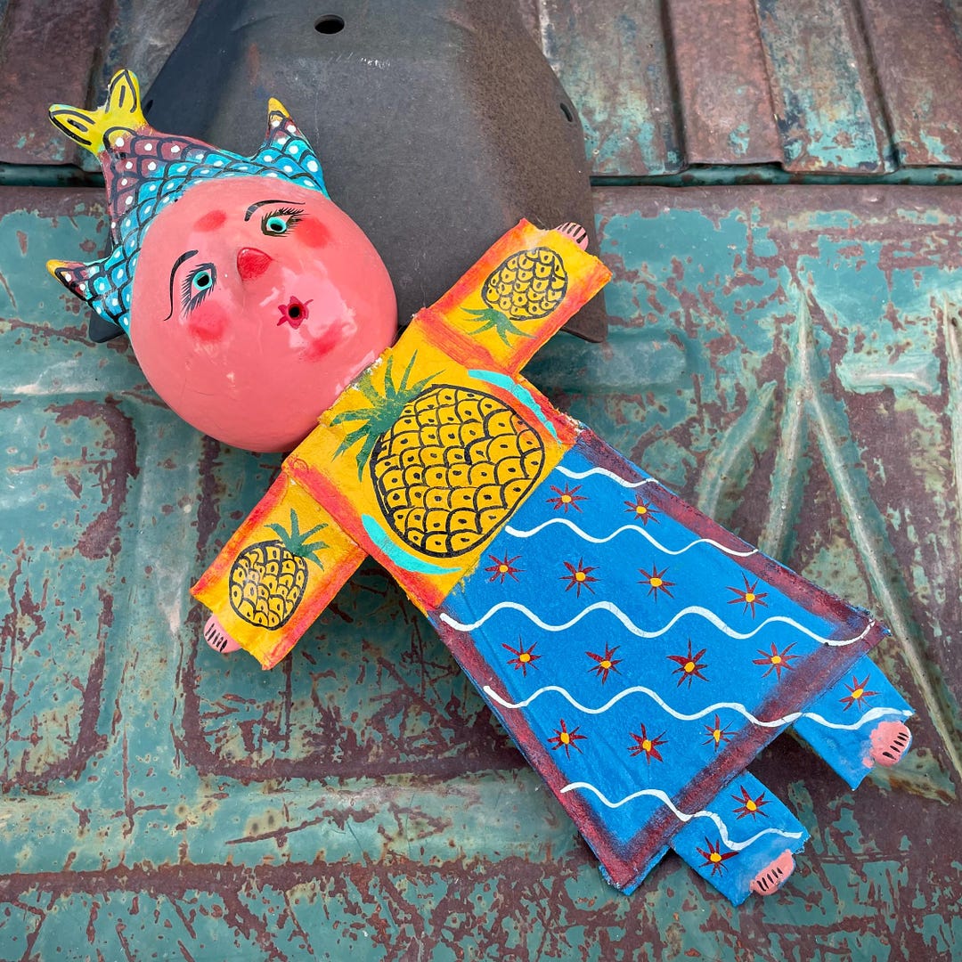 Vintage Mexican Folk Art Fish Head Lady Coconut Shell Wall Hanging With ...