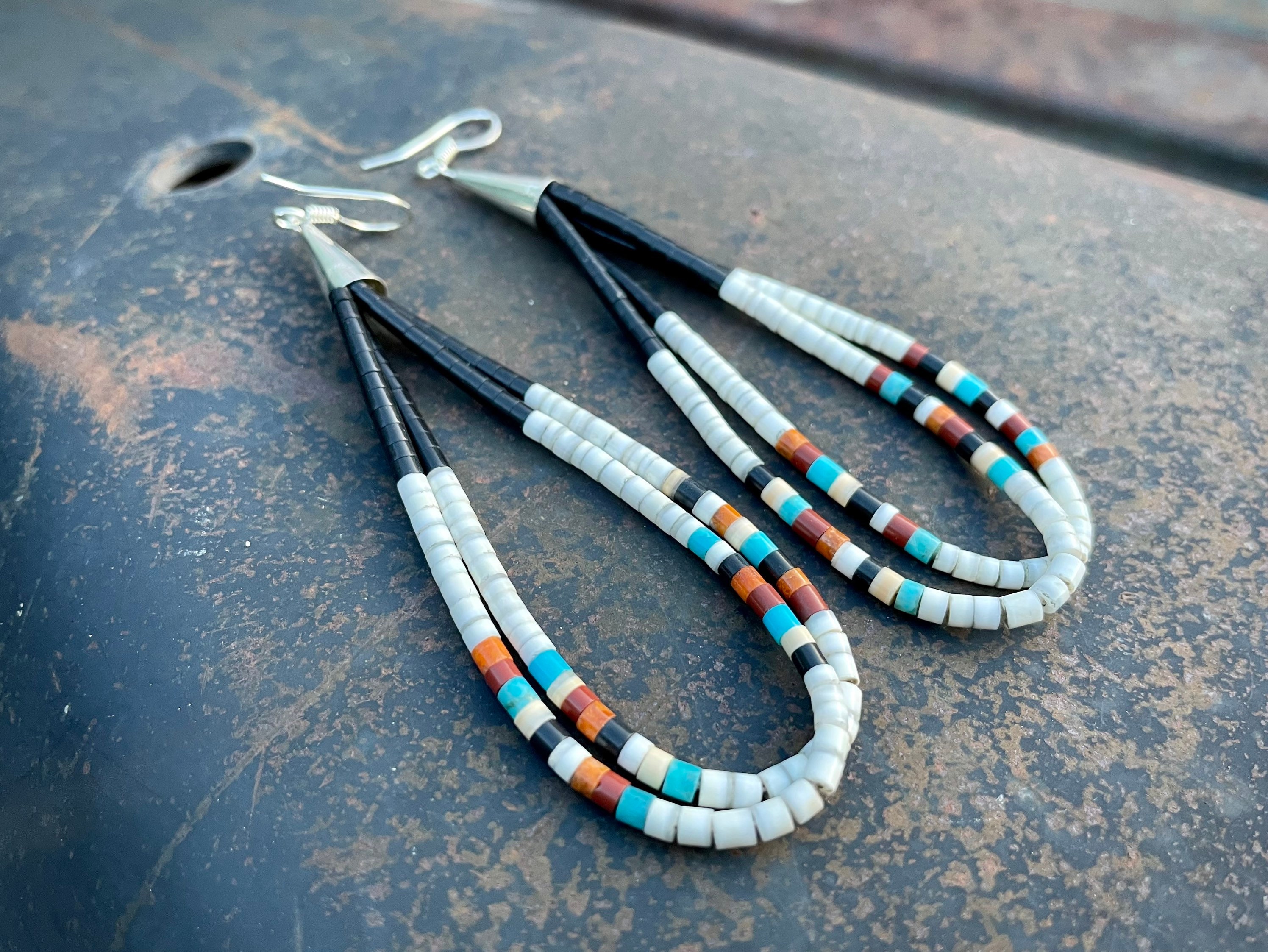 White Shell Black Onyx Heishi Earrings by Santo Domingo Dorene Calabaza, Native American Jewelry