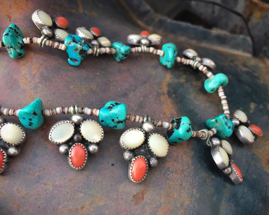Vintage Long Native American Indian Necklace with Mother of Pearl Coral ...