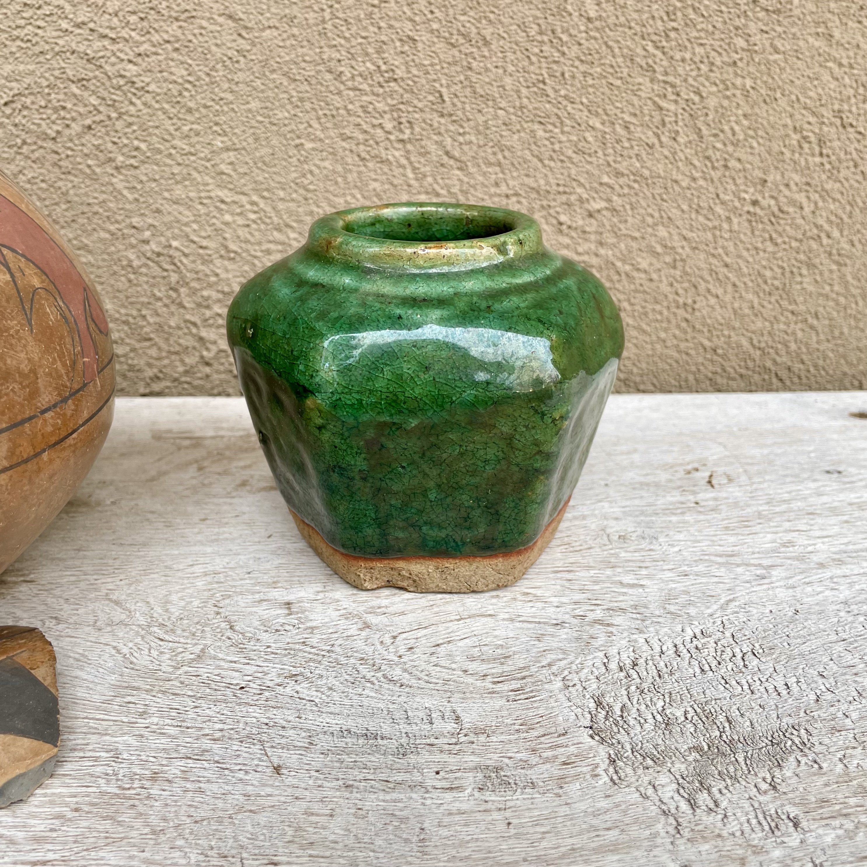 Small Vintage Chinese Shiwan Pottery (Chip at Base) Green Glazed Ginger ...