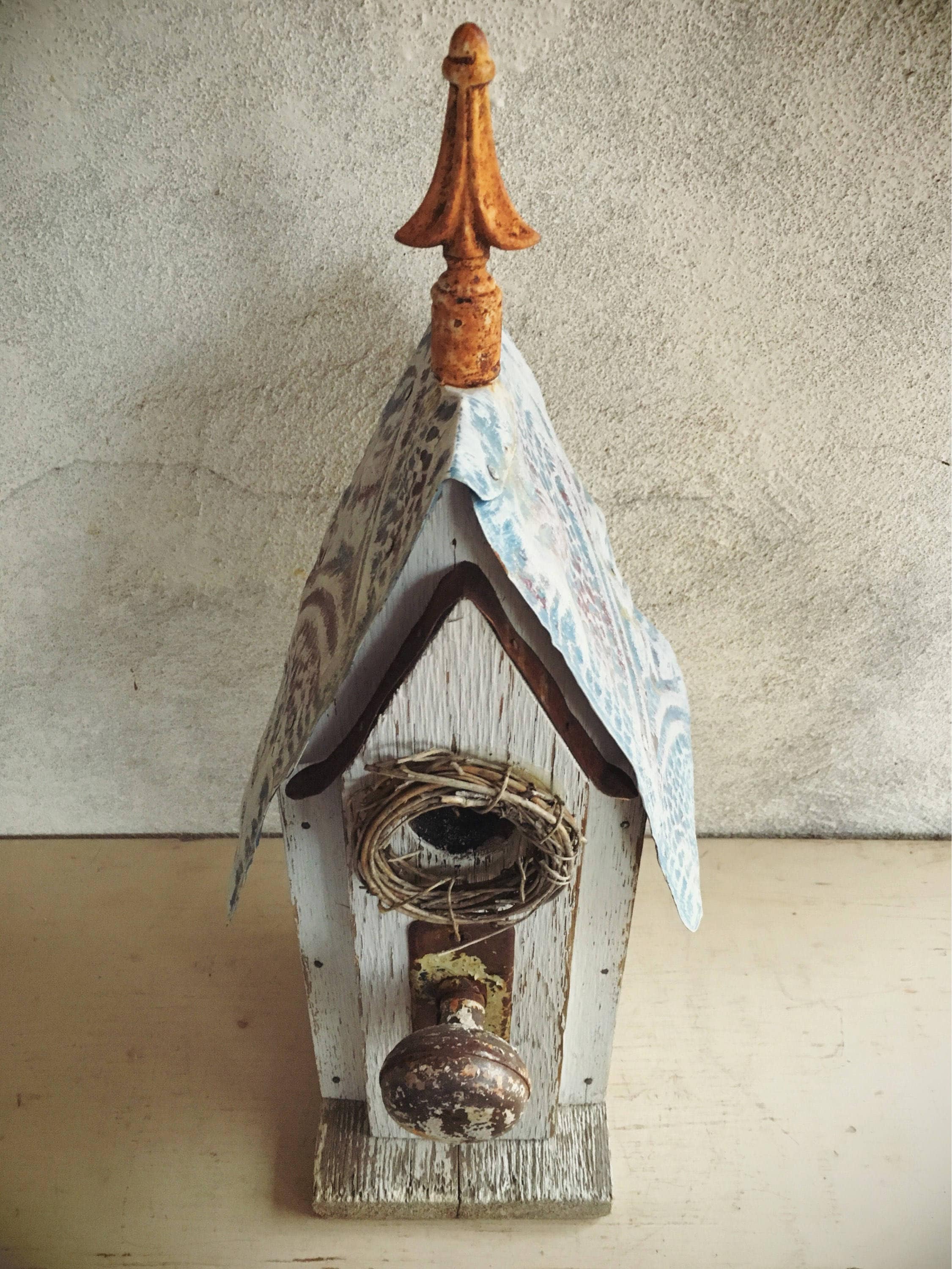 Rustic Birdhouse Wood with Metal Finial Steeple, Cottage Decor Spring ...
