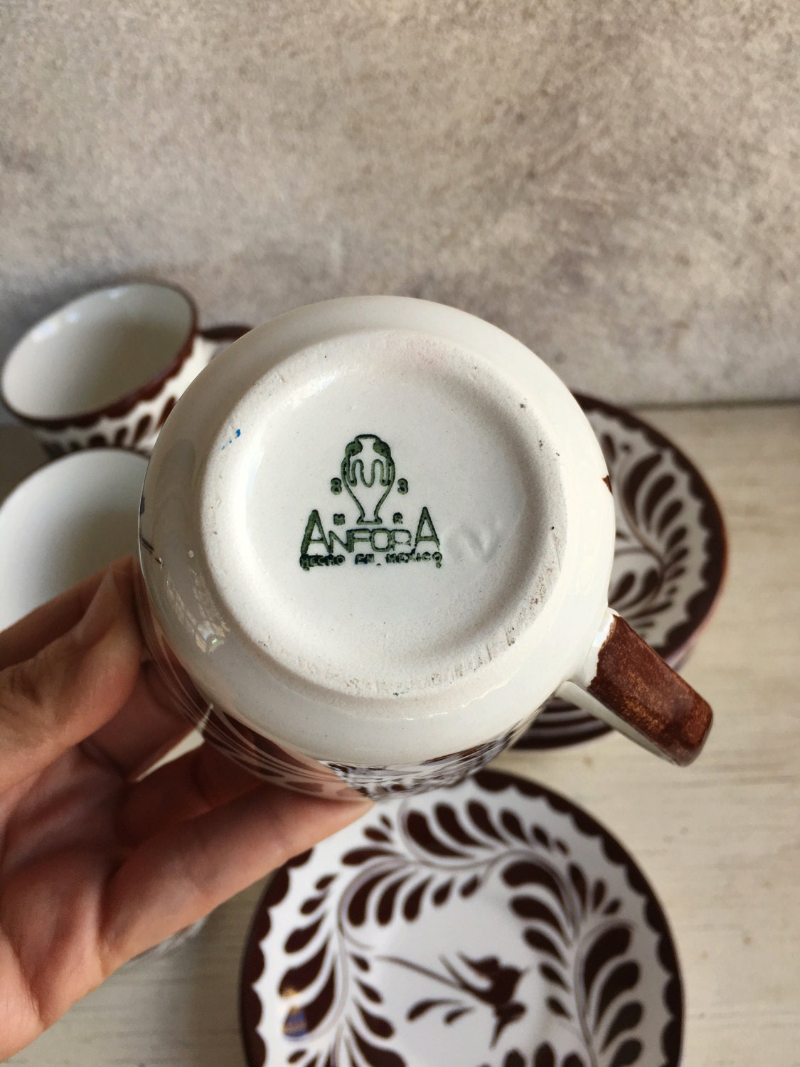 Vintage Mexican Anfora Puebla Brown cup saucer, Anfora flat cup, brown ...