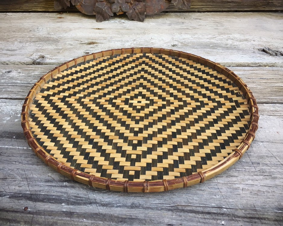 Vintage Shallow Flat Basket Woven Earthtone Bohemian Decor, Primitive Decor