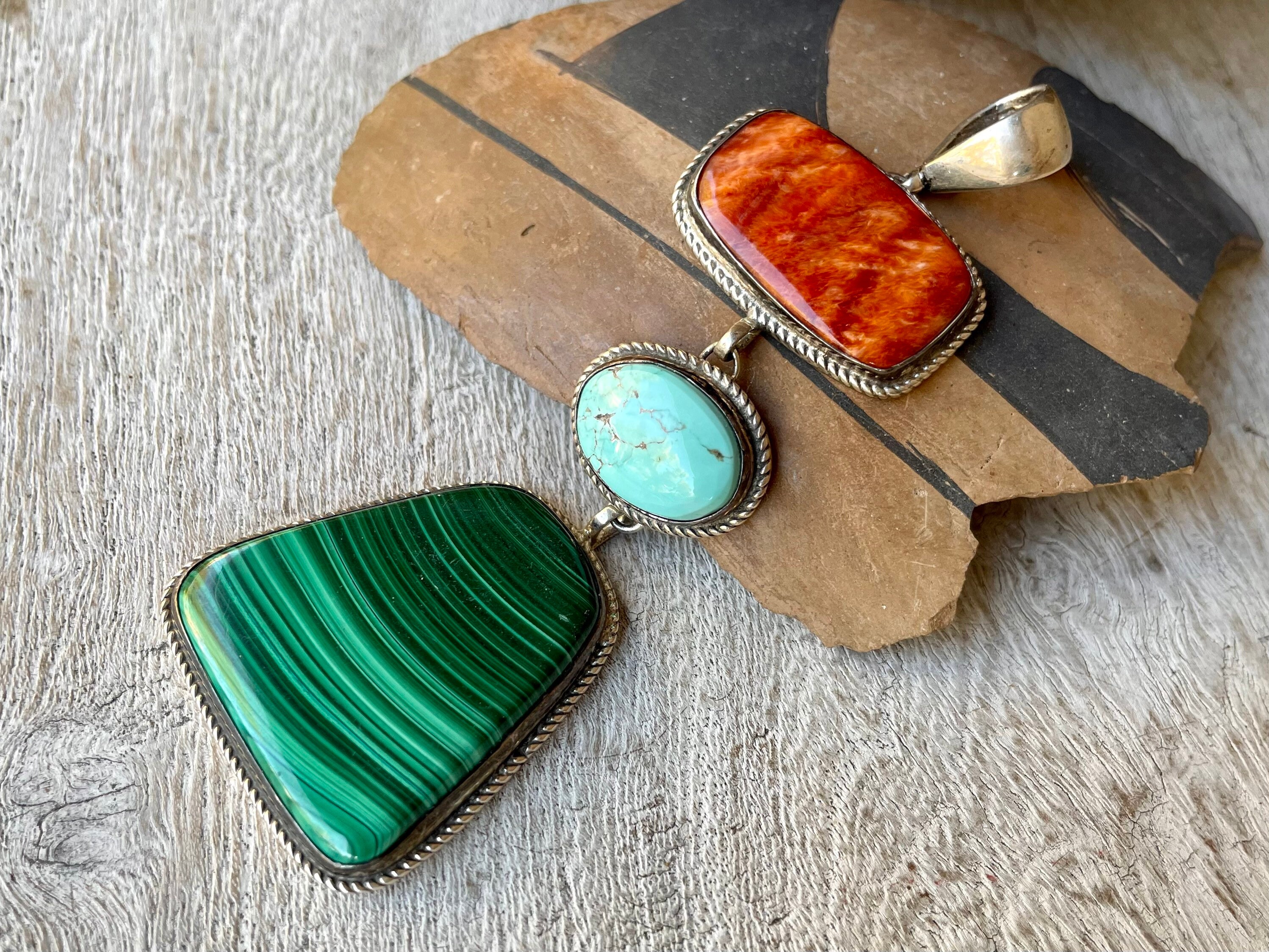 Vintage Long Orange Spiny Oyster Turquoise Malachite Sterling Silver ...