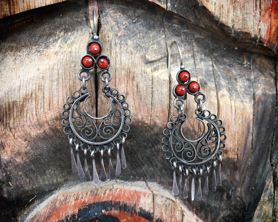 Vintage Chandelier Hoop Earrings Mexican Silver Filigree Jewelry with ...