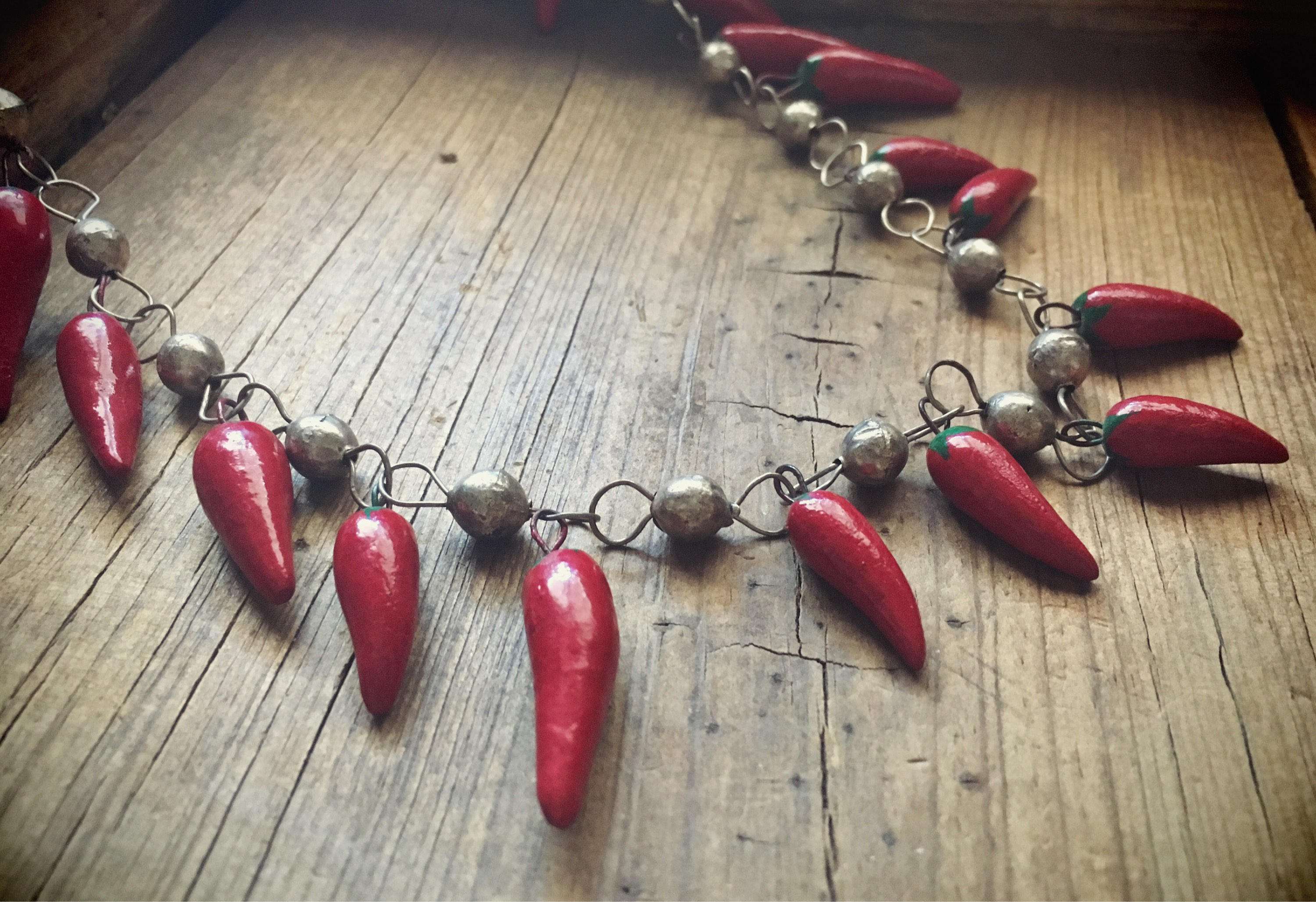 Silver Chain Necklace with Red Chile Pendants, Lasso Link Chain ...
