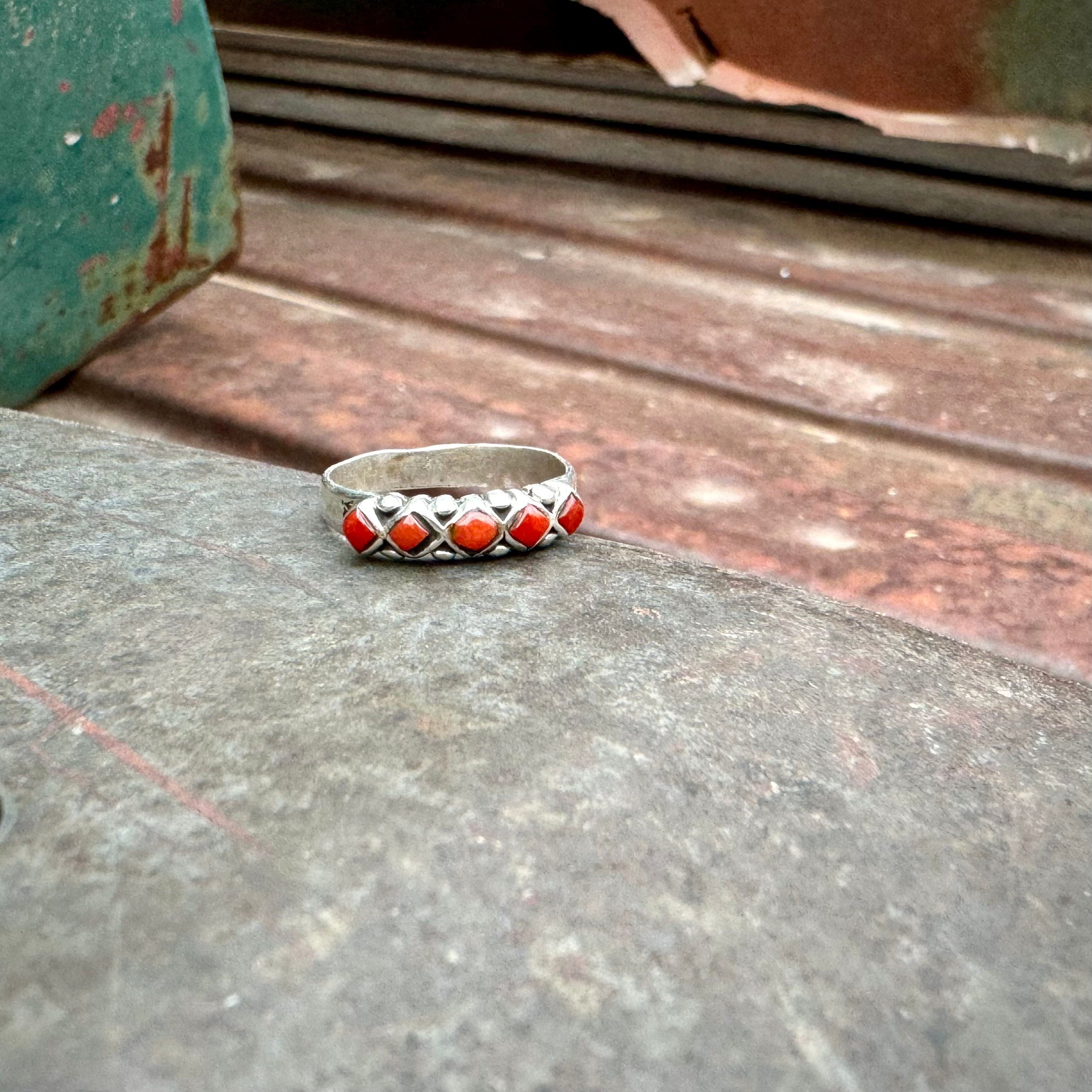 Narrow and Dainty Sterling Silver and Coral Snake Eye Band Ring Size 6. ...