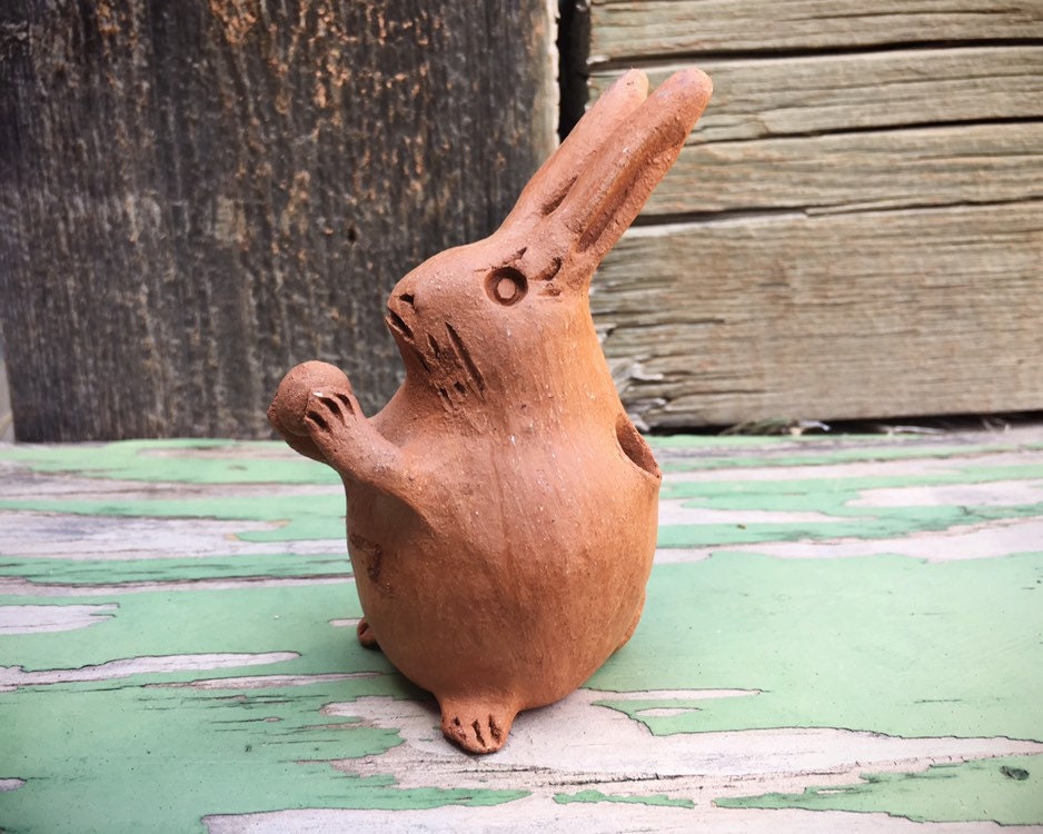 Small Mexican Pottery Bunny Figurine Whistle Weed Vase, Folk Art ...