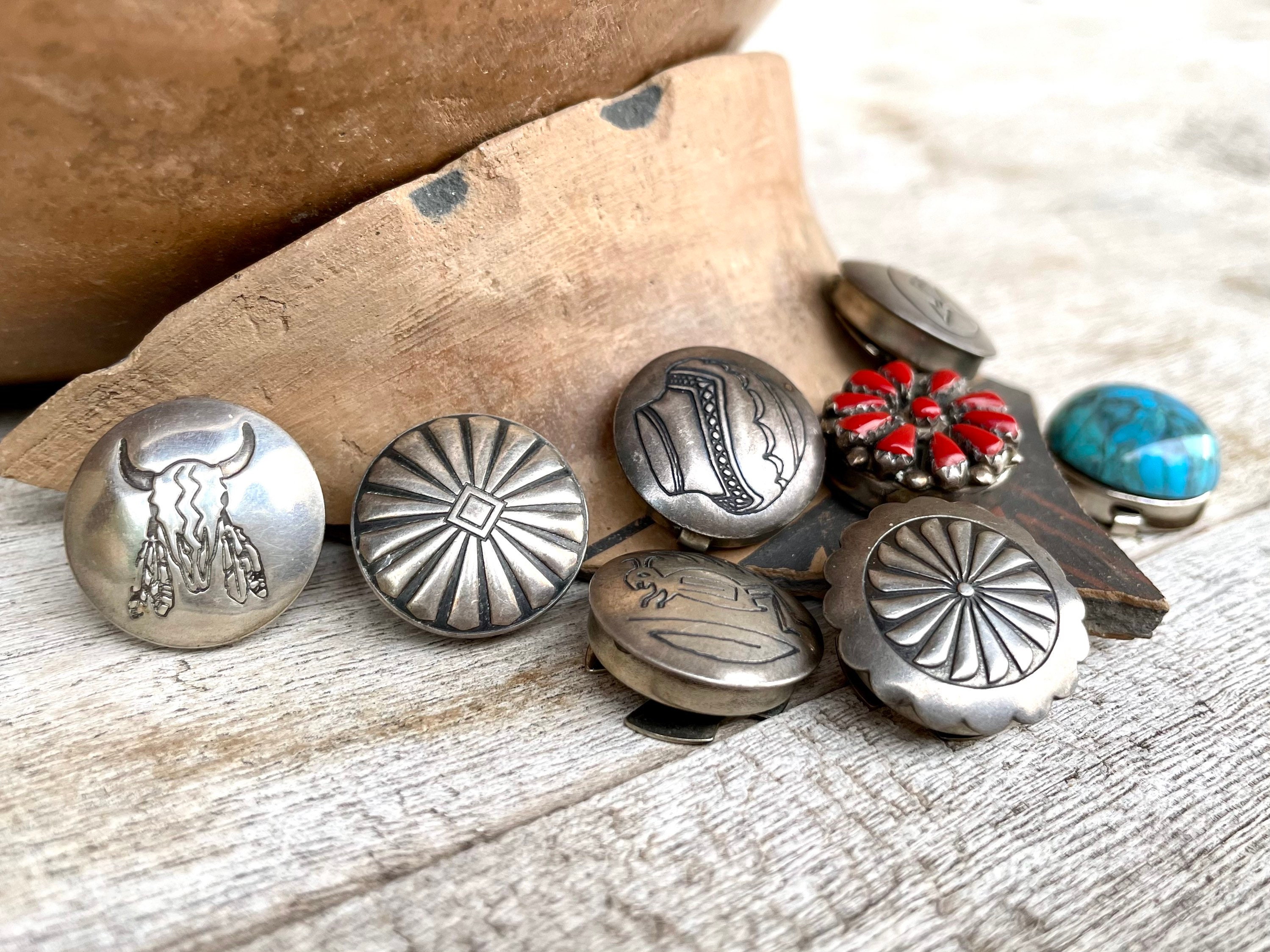 Eight Mismatched Silver Button Covers (One Zuni Coral), Native American ...