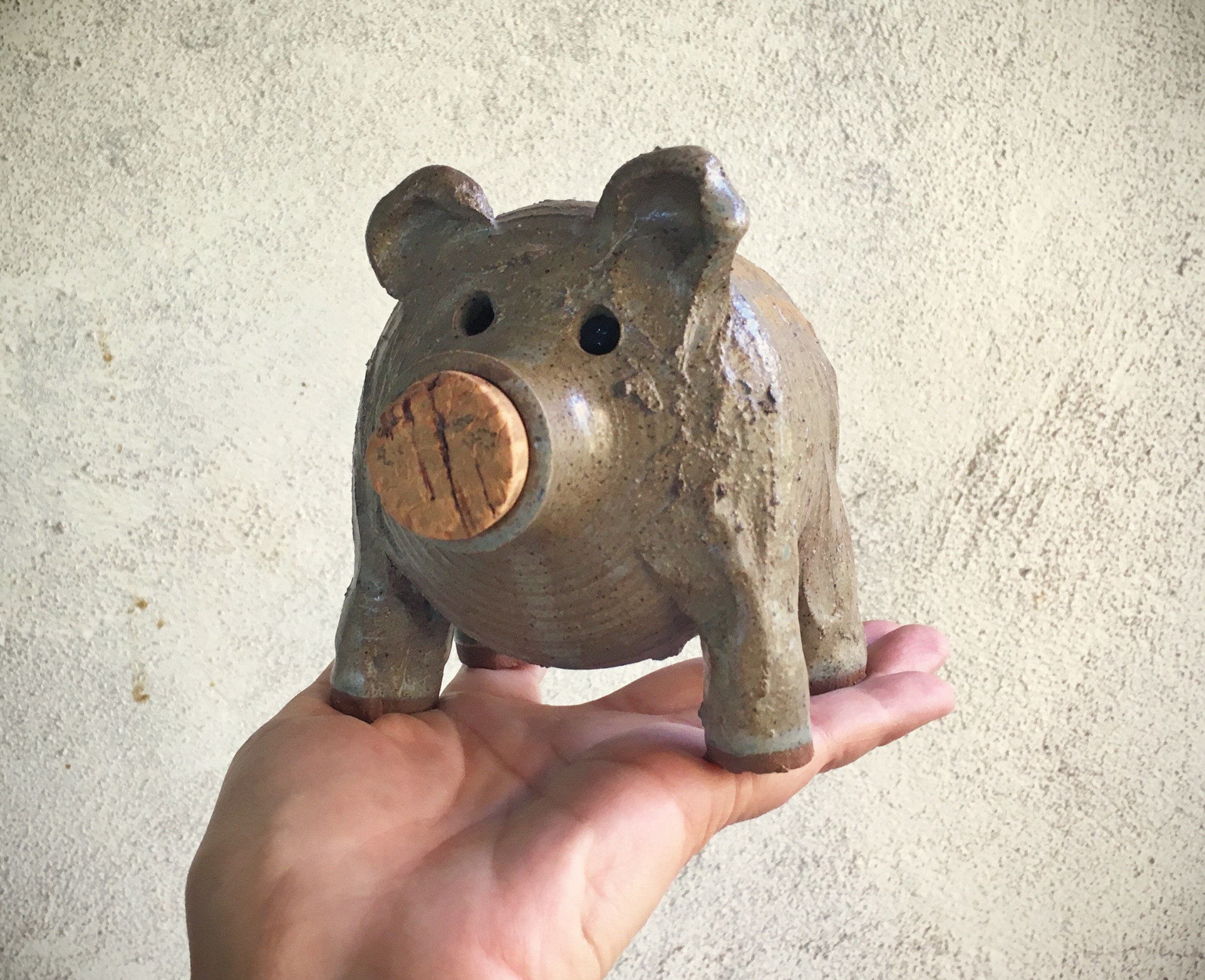 Vintage Art Studio Pottery Piggy Bank with Cork Snout Pig Lover Gift