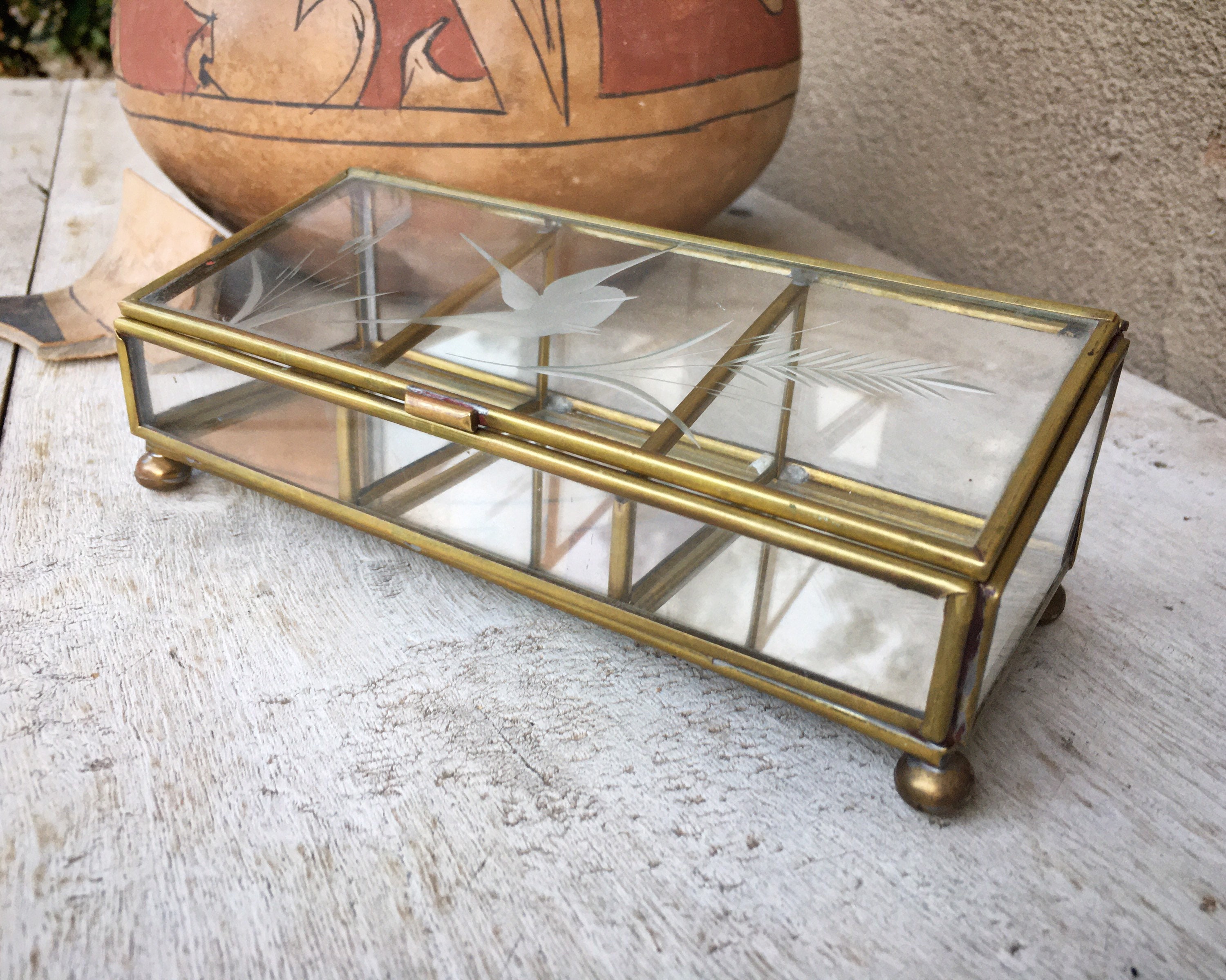 Small Tabletop Brass Etched Glass Box Display Case for Jewelry or ...