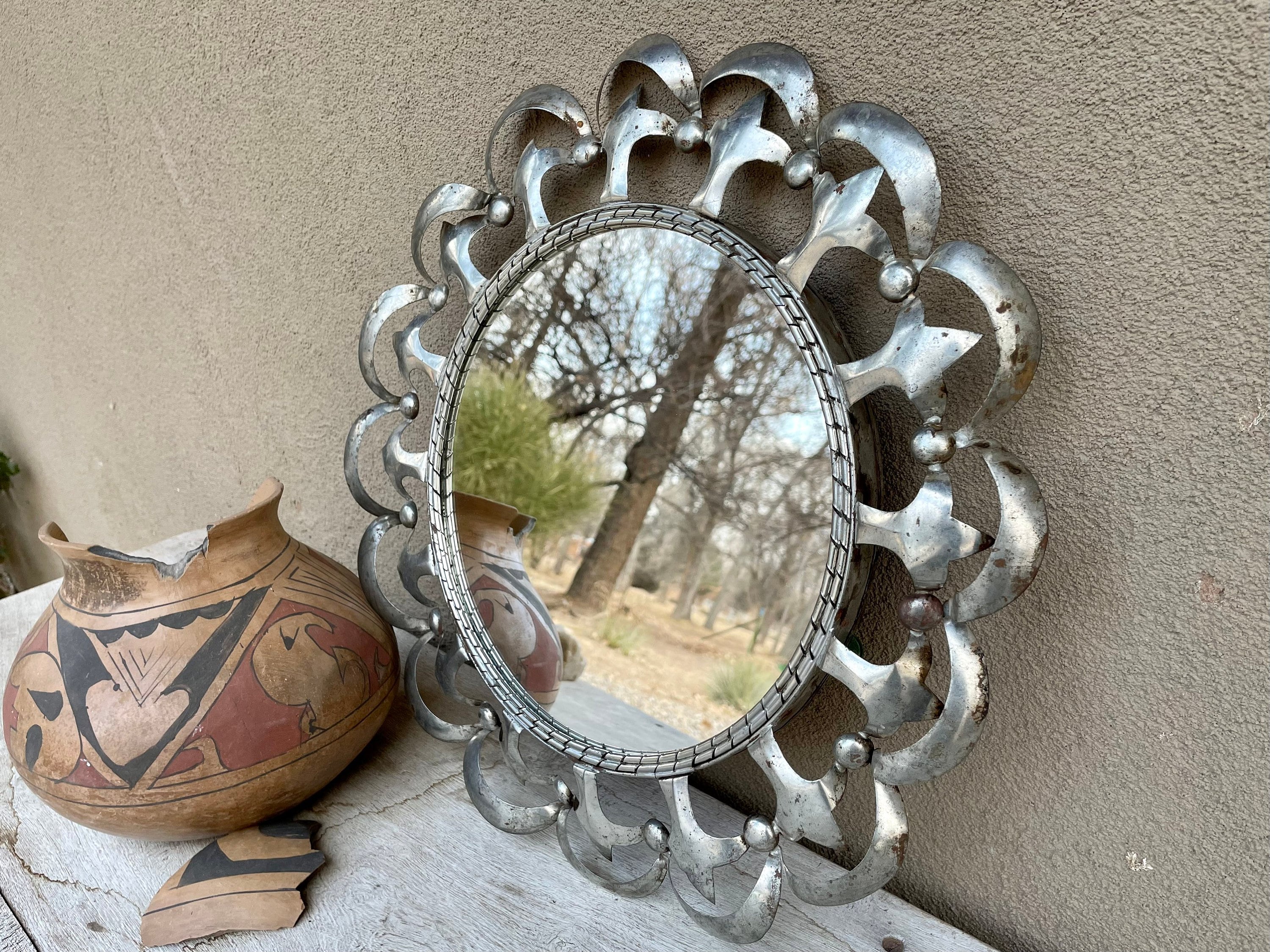 Distressed Mexican Cut Tin Framed Round Mirror for Wall, Rustic ...