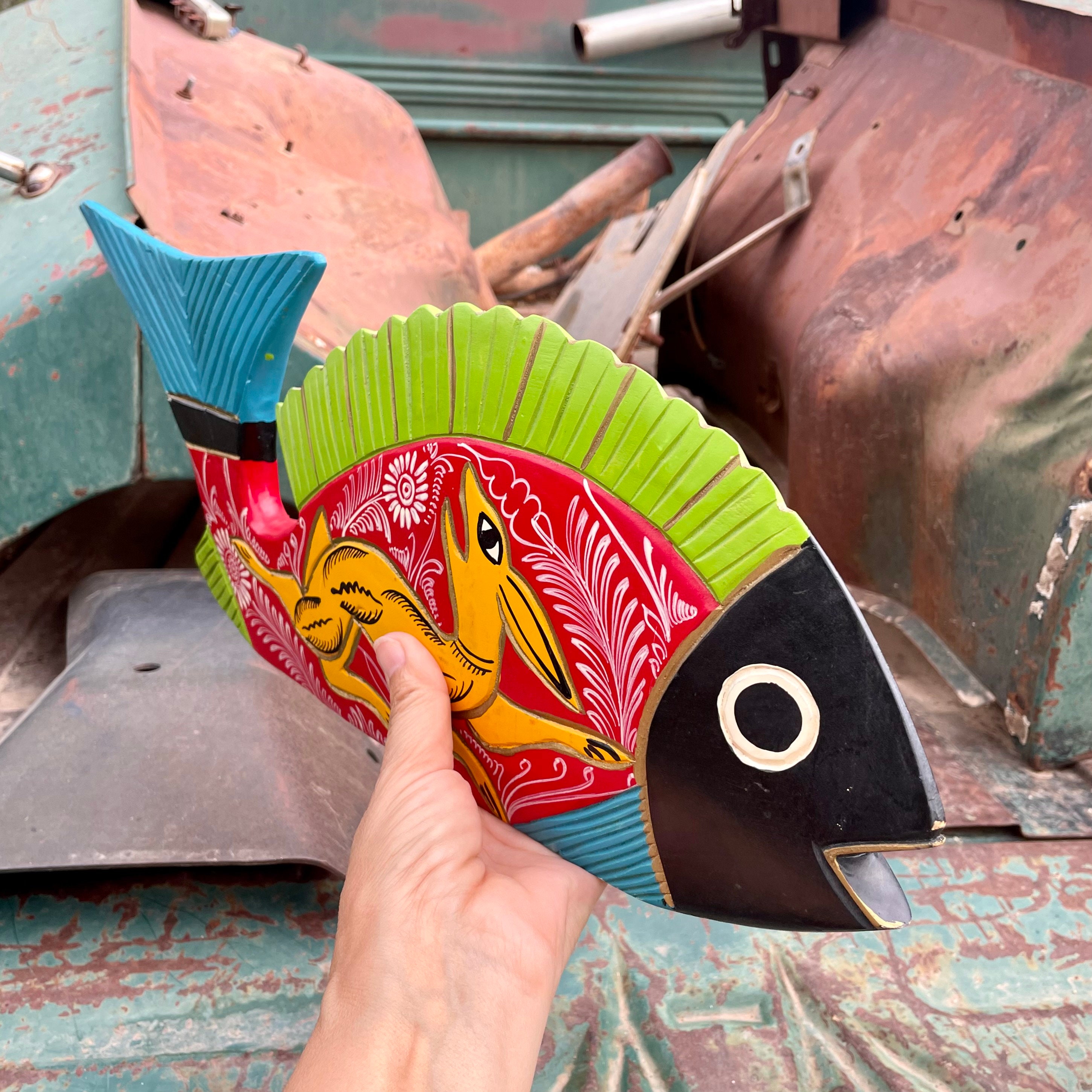 Mexican Folk Art Wood Carved Fish with Colorful Painted Rabbit Design ...