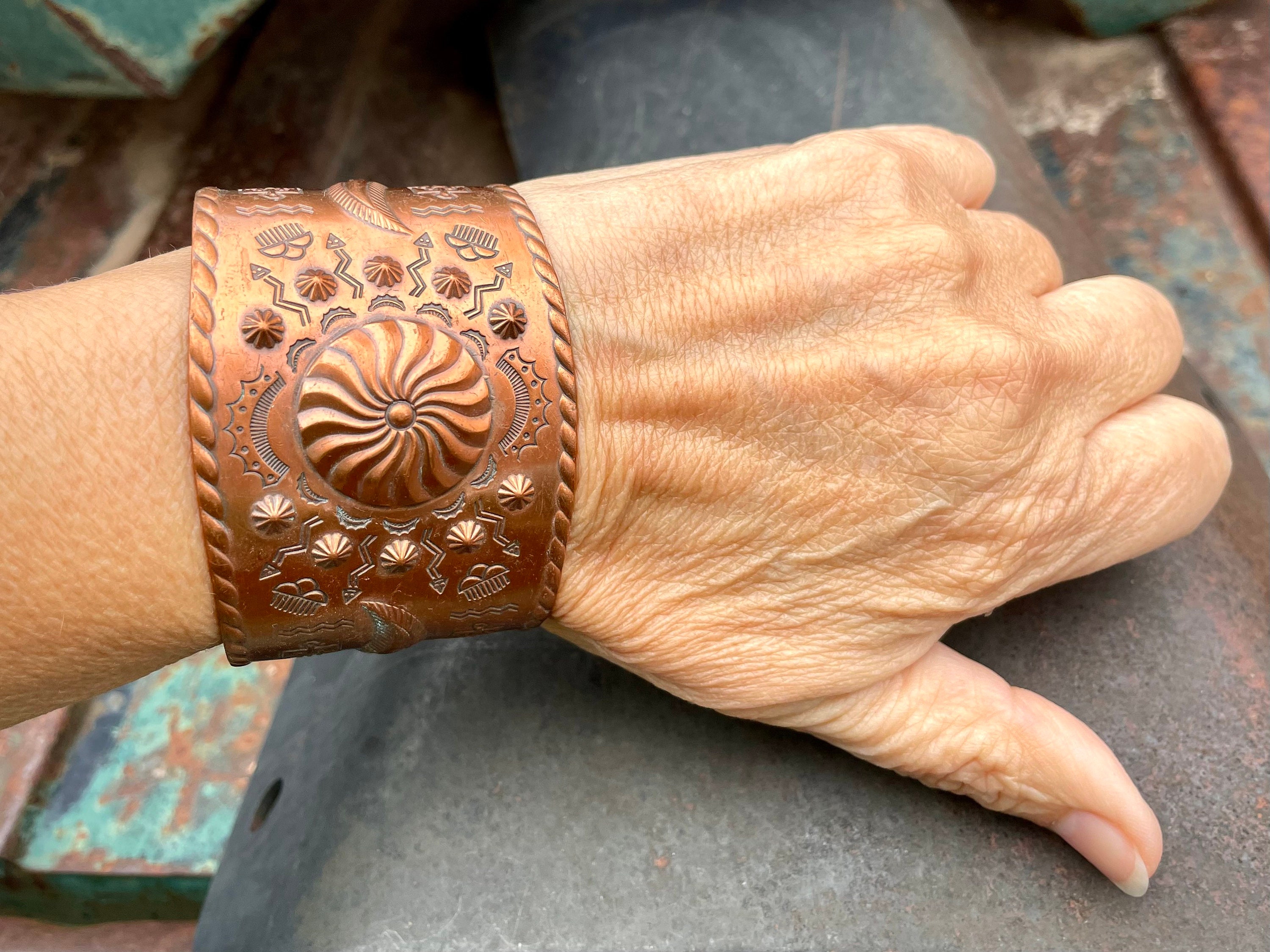 Vintage Bell Trading Stamped Copper Bracelet w/ Fred Harvey Era Symbols ...