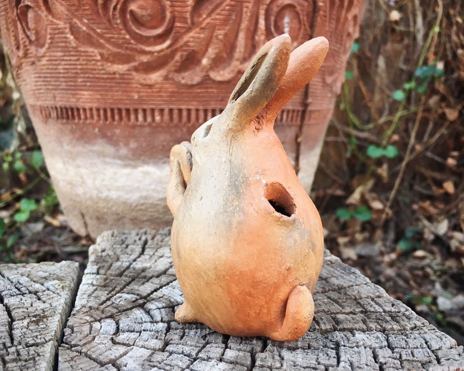 Small Mexican Pottery Bunny Figurine Whistle Weed Vase, Folk Art ...