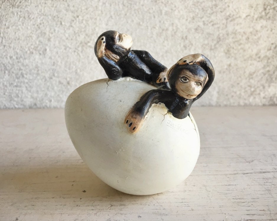 Small Mexican Pottery Art Sculpture of Monkey Emerging from Egg in the ...