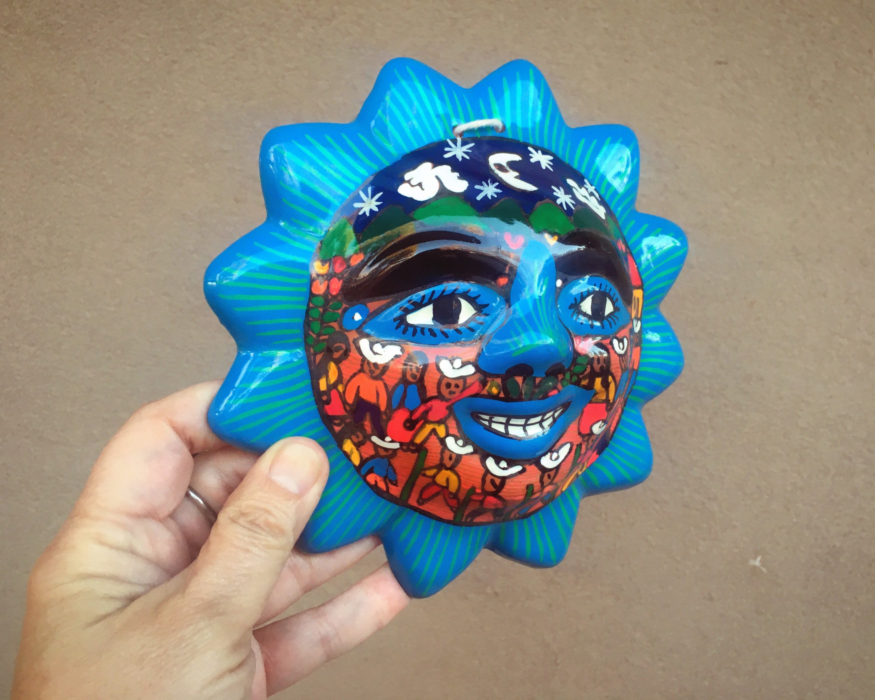 Colorful Blue Sun Face Guerrero Pottery Wall Hanging, Mexican Folk Art ...