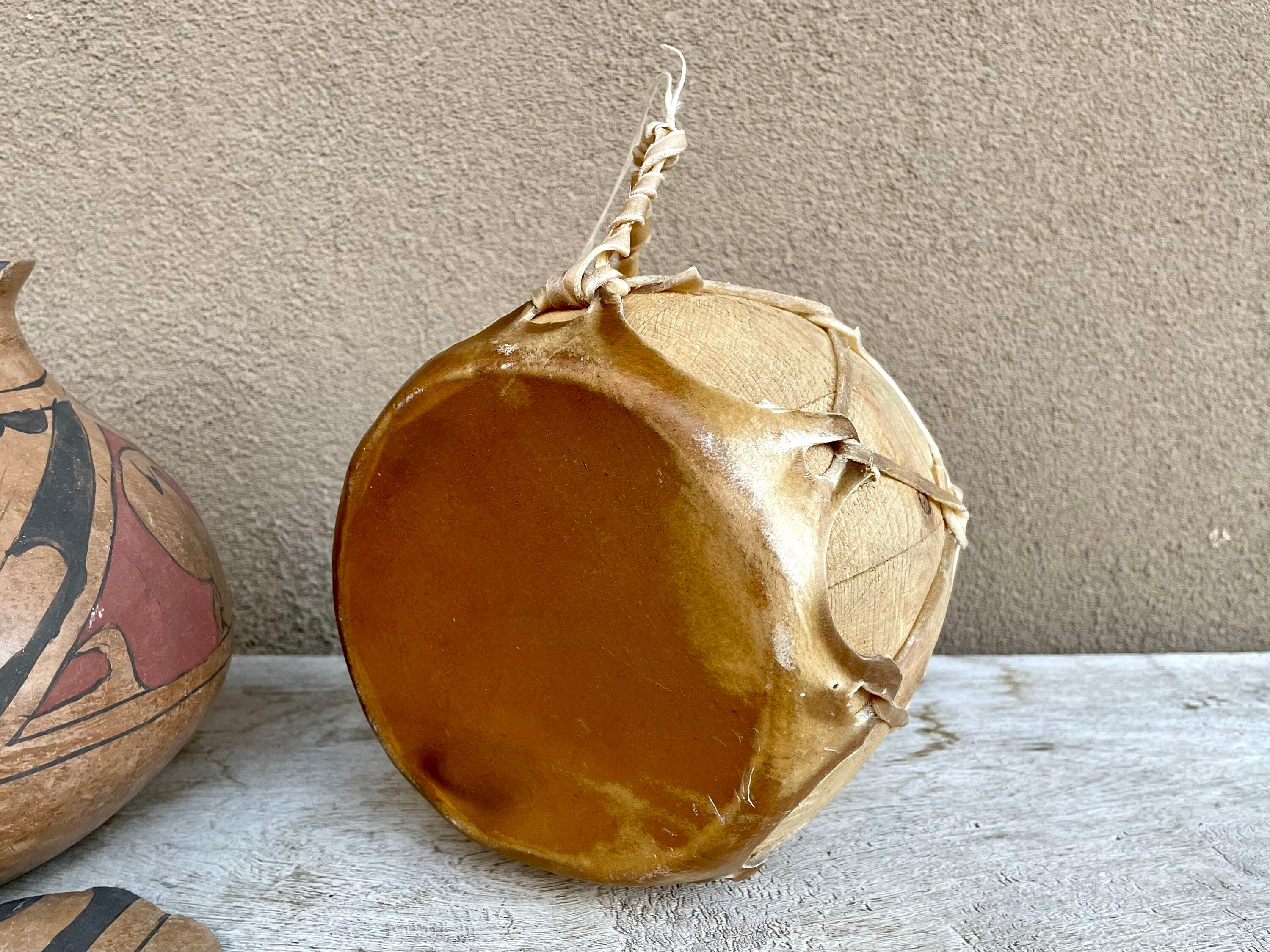 Vintage Native American Indian Log Drum with Hide Top Tether Handle and ...