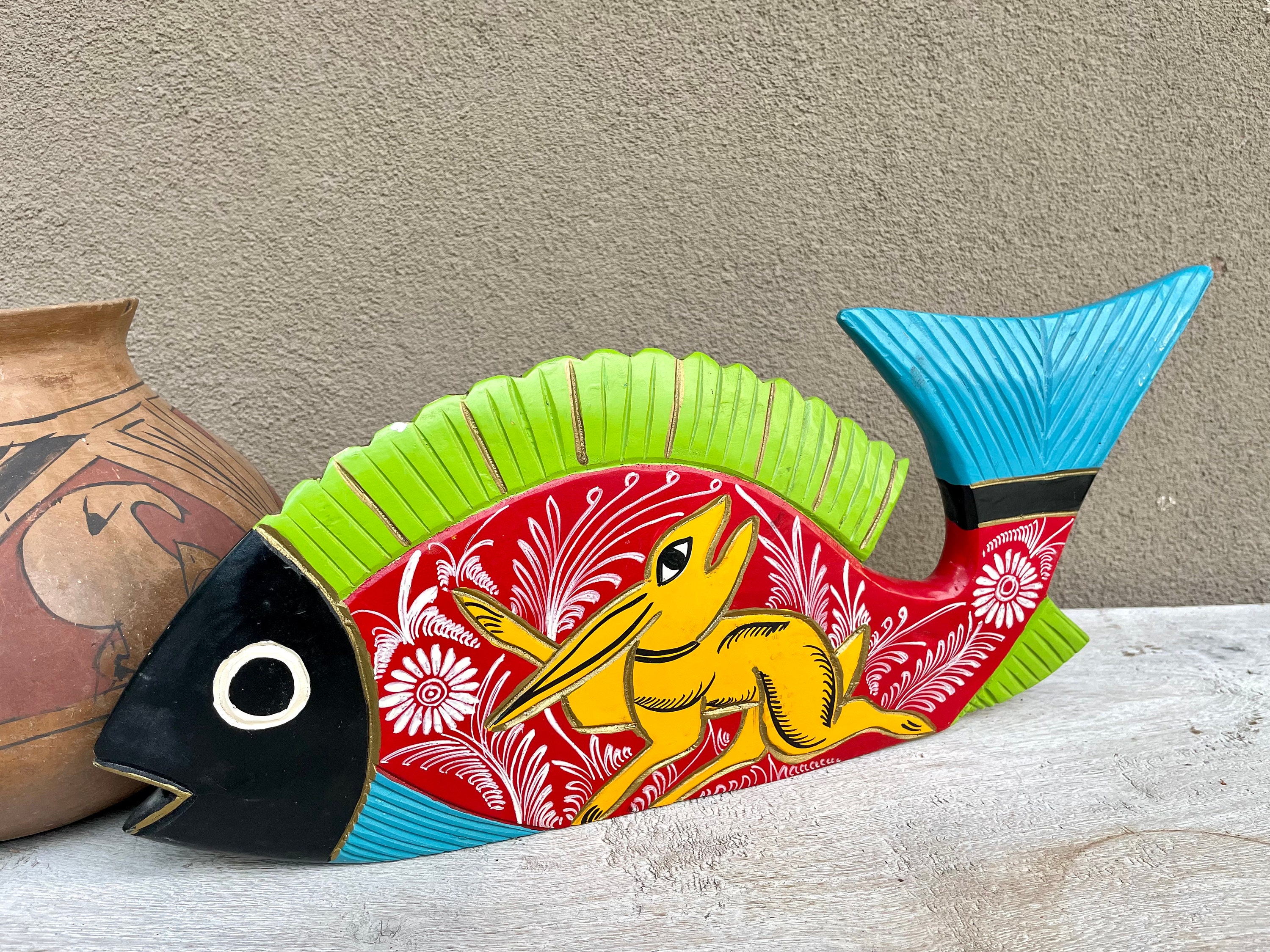 Mexican Folk Art Wood Carved Fish with Colorful Painted Rabbit Design ...