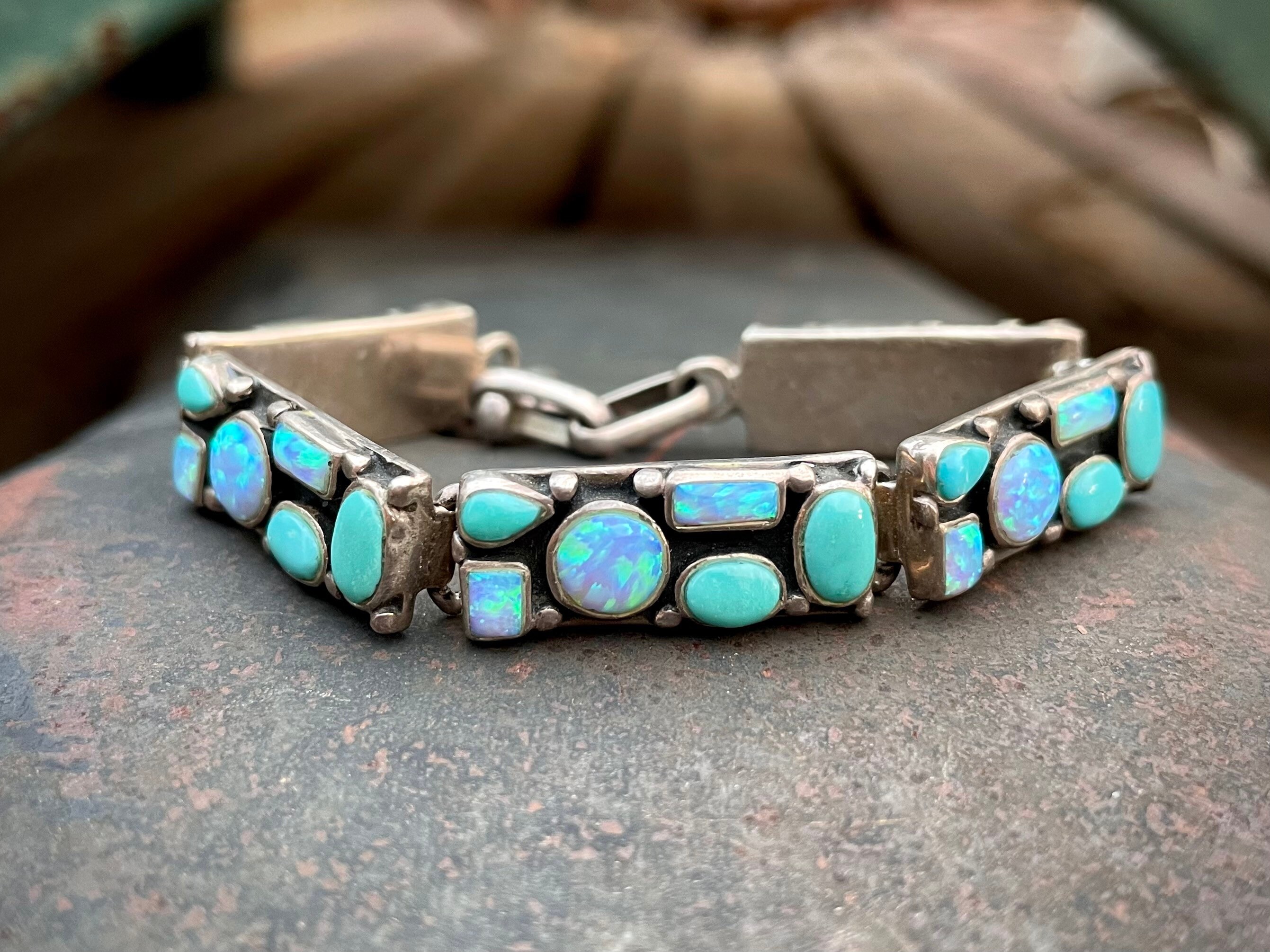 Vintage Sterling Silver Turquoise and Opal Cluster Link Bracelet ...
