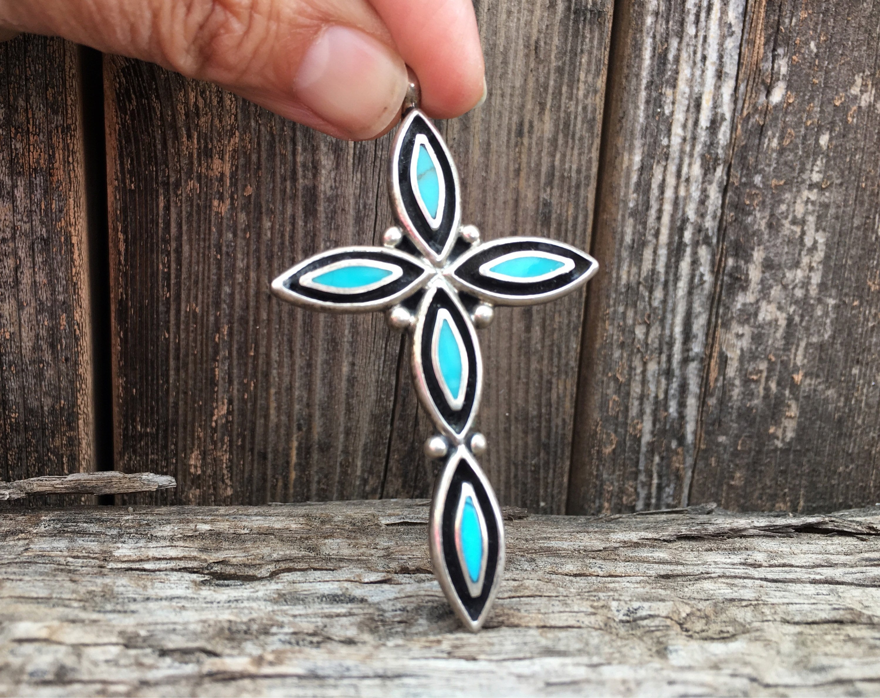 Silver Turquoise Inlay Cross Pendant Native American Indian Turquoise ...