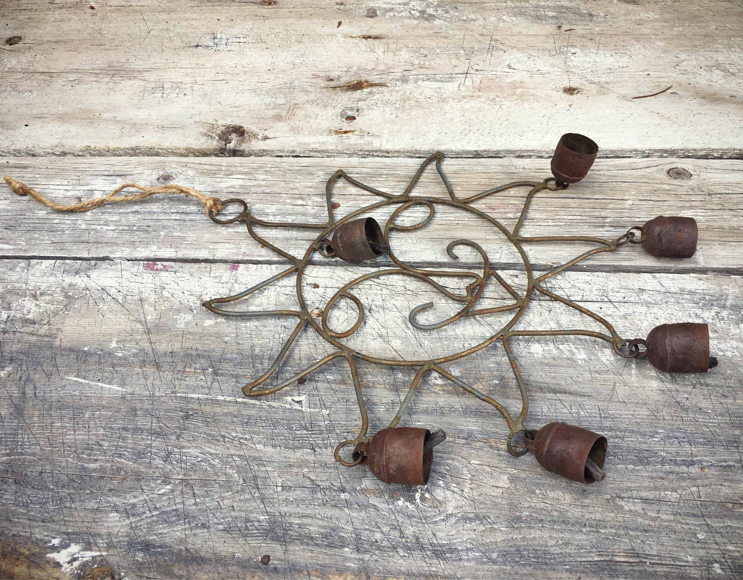 Vintage smiling sun wind chime rusty metal cow bells metal windchimes ...