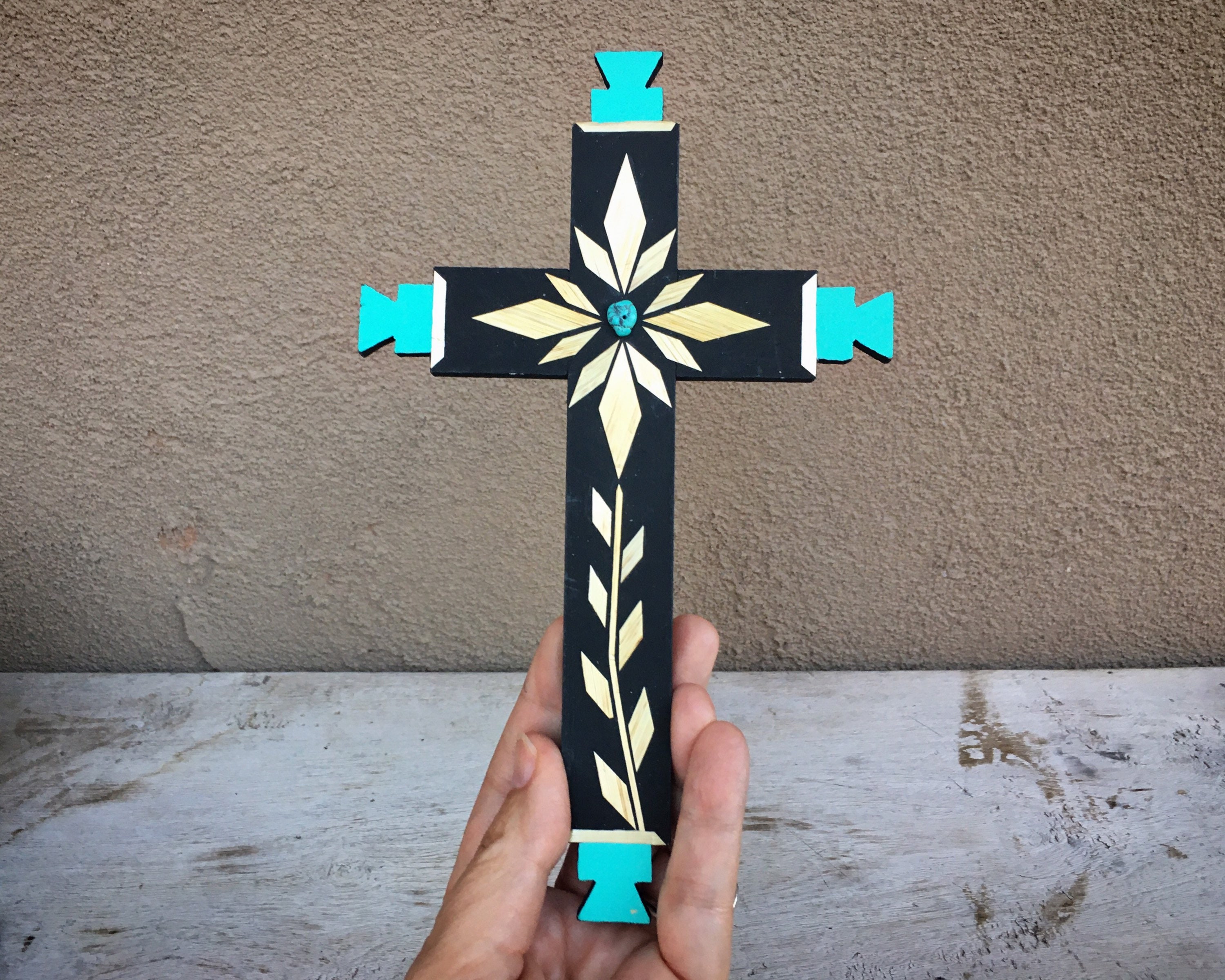 Straw Applique & Turquoise Wall Cross by Pueblo Artist Carlton Gallegos ...